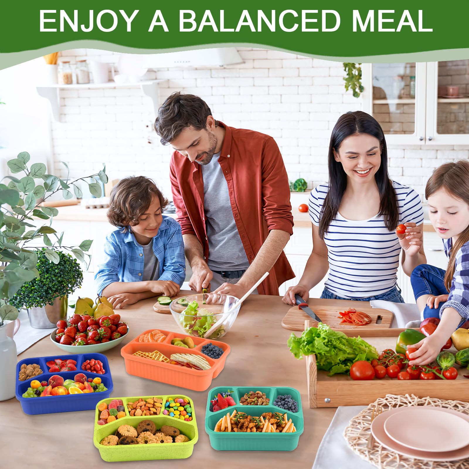 BIEOFFEI 4 Pack Bento Box Lunch Boxes for Adults, 4 Compartment Meal Prep Containers with Lids, Reusable Bento Box Snack Containers for Work, Travel, Picnic, Microwave & Dishwasher Safe