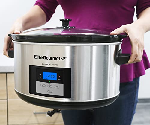 Elite Gourmet MST-900D# Digital Programmable Slow Cooker, Oval Adjustable Temp, Entrees, Sauces, Stews & Dips, Dishwasher Safe Glass Lid & Crock (8.5 Quart, Stainless Steel)