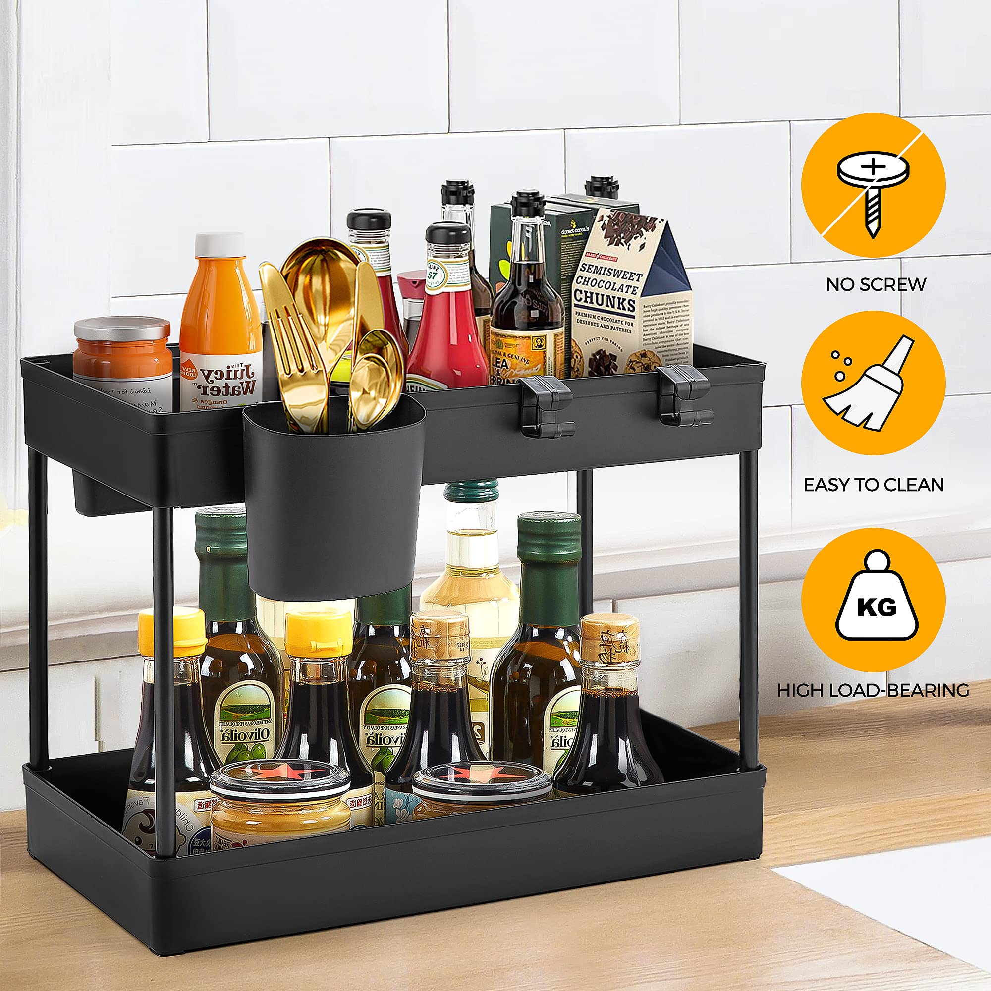 Under Sink Organizers and Storage, 2 Tier Under Sink Organizer with 8 Hooks, Under the Sink Organizer Kitchen, Cabinet Organizers and Storage for Bathroom Kitchen Cabinet Organizer (Black,2 Pack)