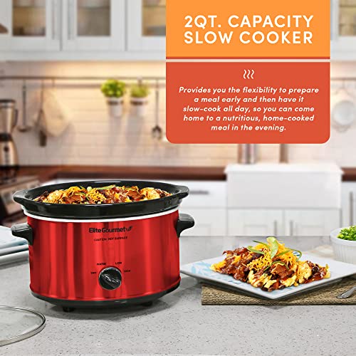 Elite Gourmet MST-275XR# Electric Oval Slow Cooker, Adjustable Temp, Entrees, Sauces, Stews & Dips, Dishwasher Safe Glass Lid & Crock (2 Quart, Red)