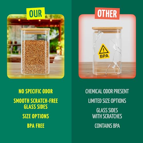 Set of 5 Glass pantry storage containers with lids, Borosilicate Square glass containers with bamboo lids, Cookie jar, Glass storage containers with lids for pantry, Pasta Rice Flour Sugar Tea Beans