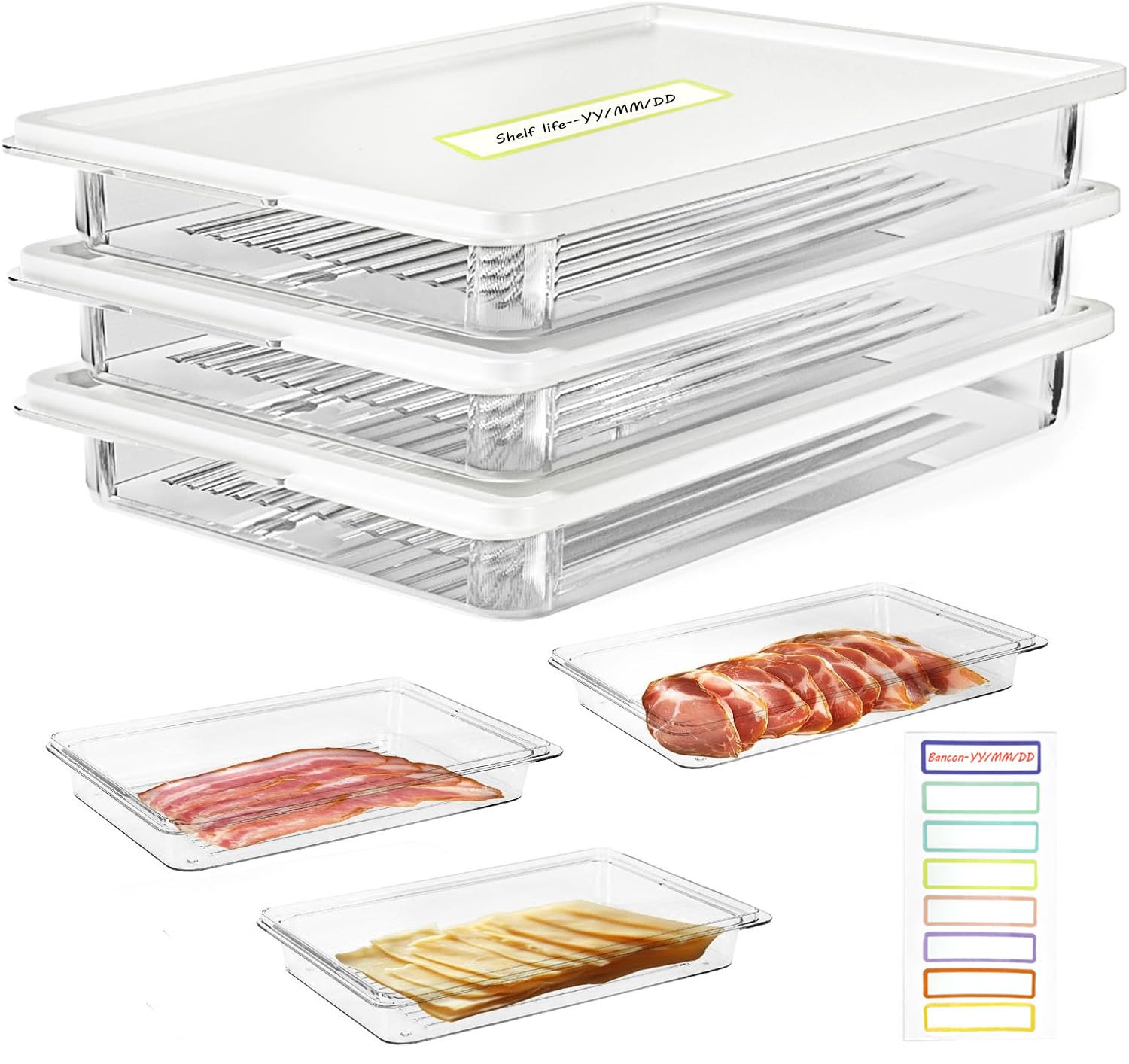 Deli Meat Container for Fridge with Labels,Clear Bacon Container for refrigerator,Stackable Cold Cuts Container with Airtight Lids for Fridge,Meal Prep,Veggie,lunch meat,sandwich Storage,3 Pack