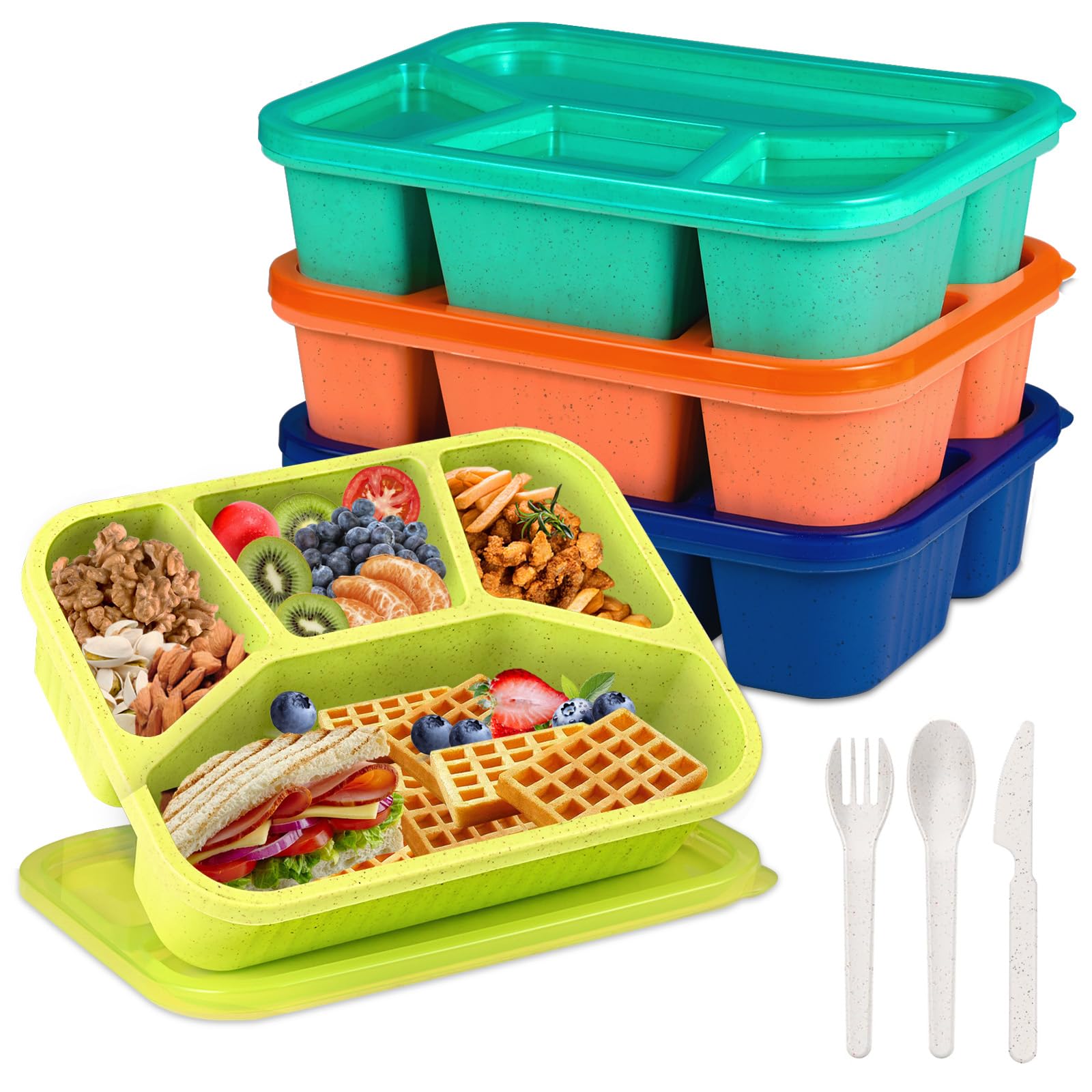 BIEOFFEI 4 Pack Bento Box Lunch Boxes for Adults, 4 Compartment Meal Prep Containers with Lids, Reusable Bento Box Snack Containers for Work, Travel, Picnic, Microwave & Dishwasher Safe