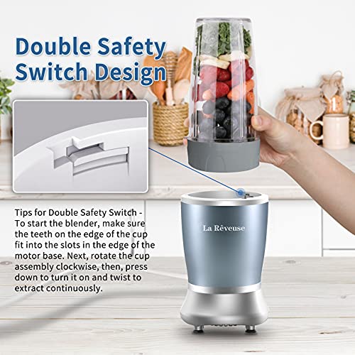 La Reveuse Personal Size Blender 250 Watts Power for Shakes Smoothies Seasonings Sauces with 1 Piece 15 oz Cup,1 Piece 10 oz Mug,BPA Free (Pearl Blue)