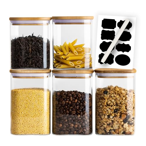Set of 5 Glass pantry storage containers with lids, Borosilicate Square glass containers with bamboo lids, Cookie jar, Glass storage containers with lids for pantry, Pasta Rice Flour Sugar Tea Beans