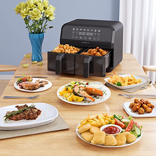 CROWNFUL 8 Quart 8 in 1 Dual Basket Air Fryer with Independent Temperature Control(50+ Recipes), Dual Cook, Sync Finish and Shake Reminder Function, Dehydrate, 1700W, Black