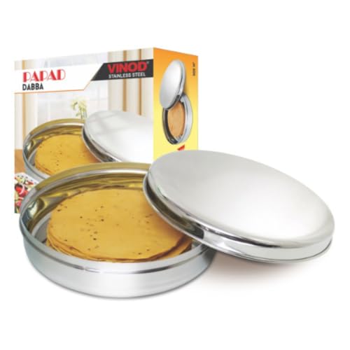 Vinod Stainless Steel Papad Dabba, Flat Canister, Mirror Finished Containers, Multipurpose Storage Container for Papad, cookies, snacks, khakhra, etc. 9.5 In Diameter, No.14, Pack of 1