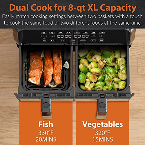 CROWNFUL 8 Quart 8 in 1 Dual Basket Air Fryer with Independent Temperature Control(50+ Recipes), Dual Cook, Sync Finish and Shake Reminder Function, Dehydrate, 1700W, Black