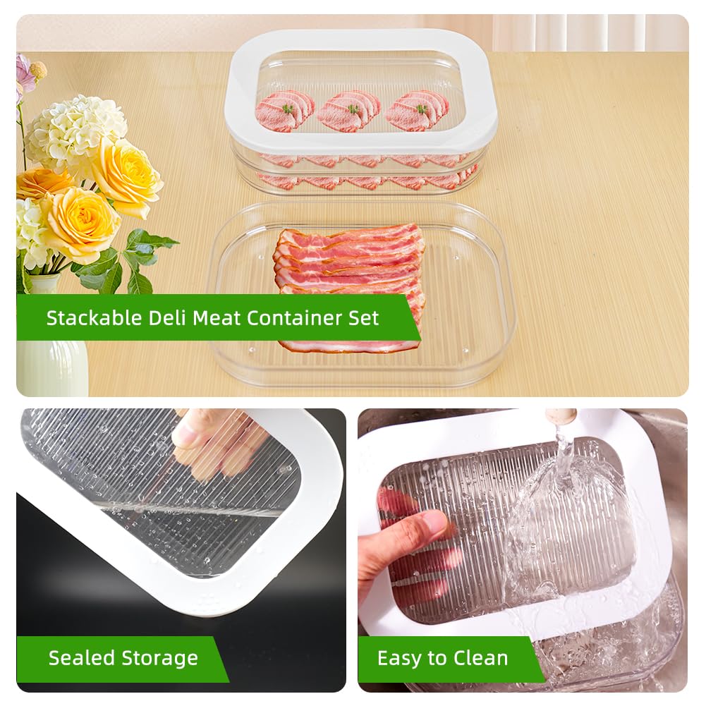 Abnaok Deli Meat Container For Fridge With 2PCS Plastic Tongs, Lunch Meat Container For Refrigerator, Plastic Buffet Serving Tongs, Deli Meat Container Set For Cold Cuts, Salami, Cheese