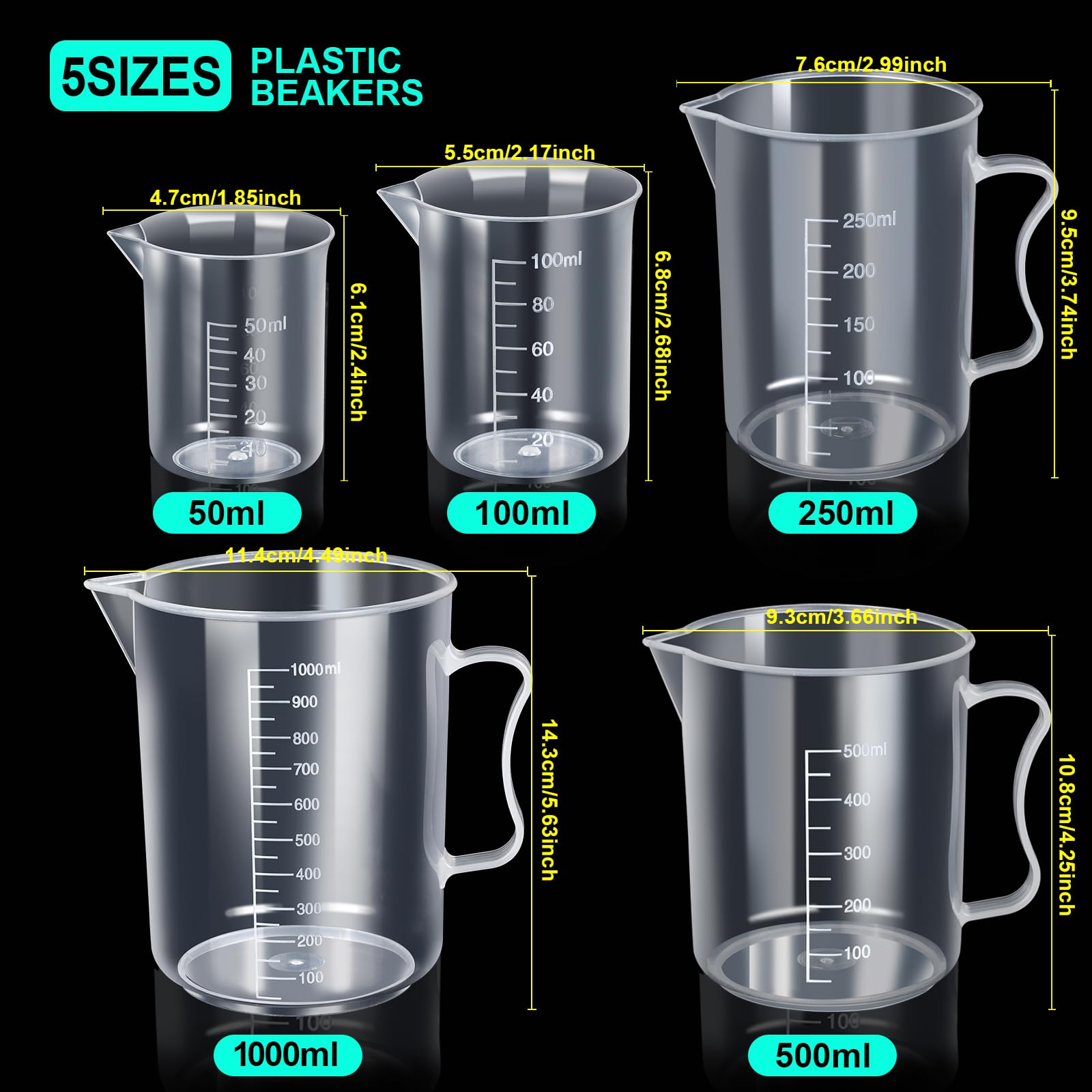 Plastic Graduated Cylinders& Plastic Beakers,Teenitor 5pcs Plastic Graduated Cylinders 10ml 25ml 50ml 100ml 250ml & 5pcs Plastic Beakers 50ml 100ml 250ml 500ml1000ml Clear 10pcs