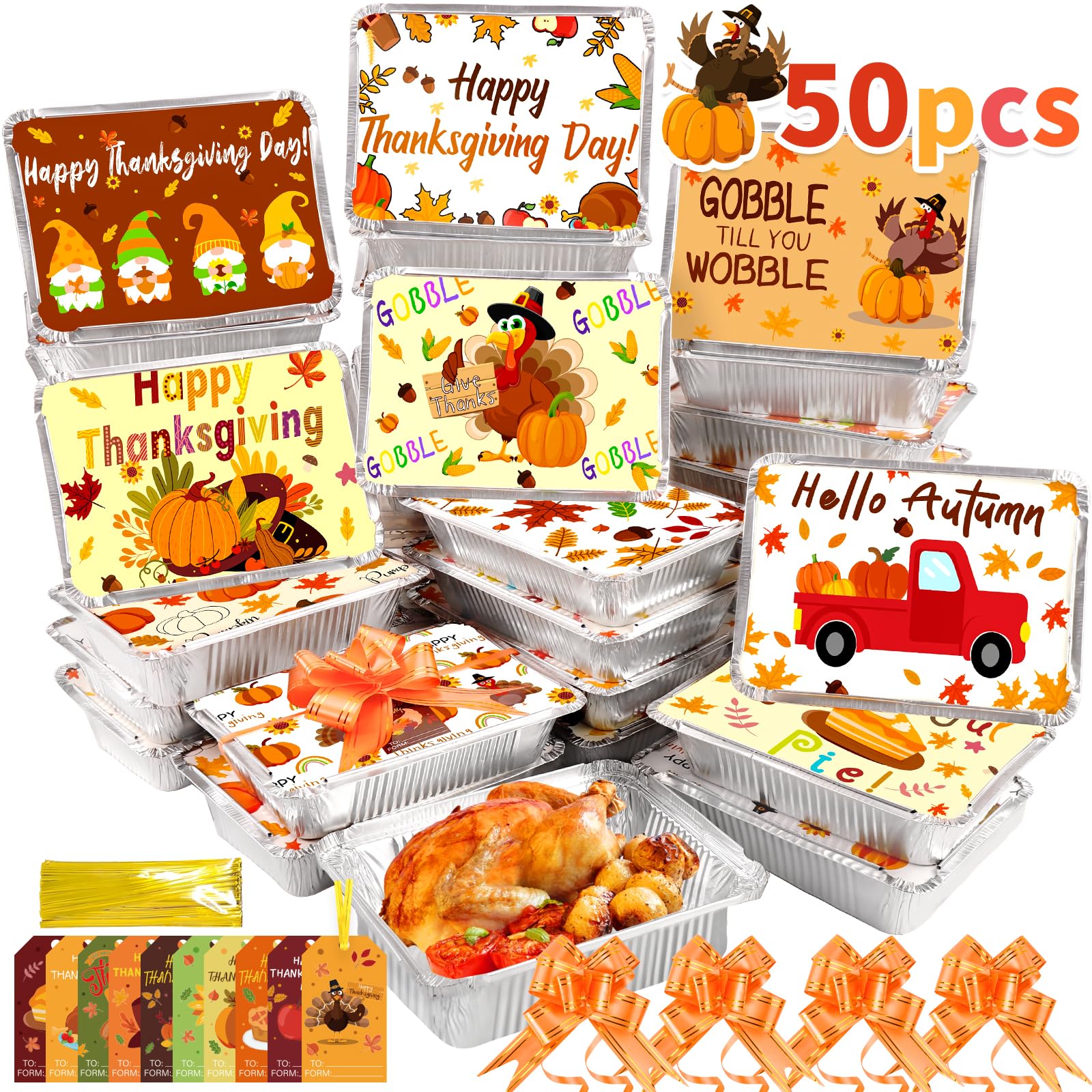 Natonhi 50PCS Fall Thanksgiving Leftover Containers with Lids, Thanksgiving To Go Containers Disposable Aluminum Foil Food Storage for Friendsgiving Party Thanksgiving Table Decorations