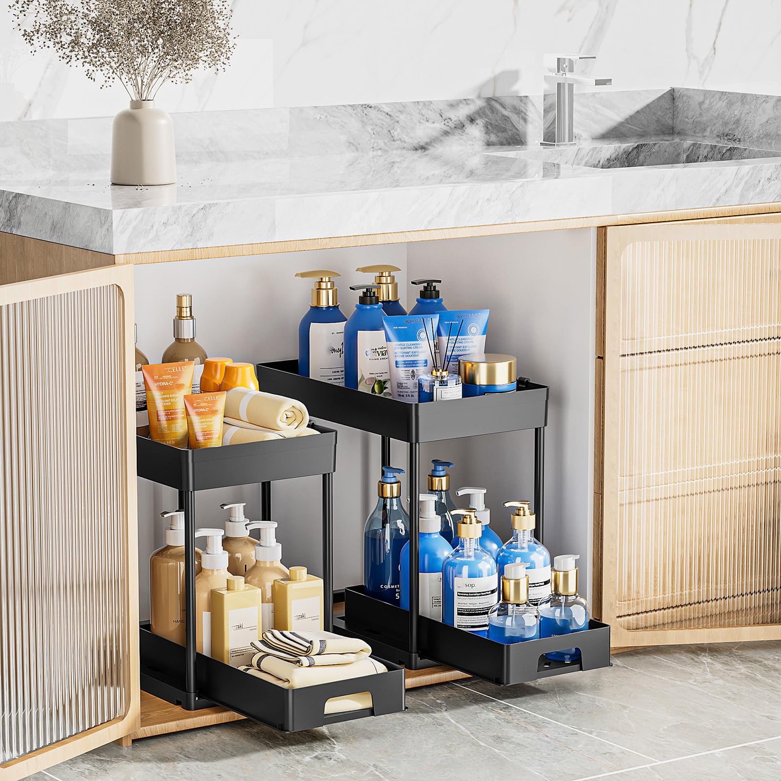 Delamu 2 Pack Under Sink Organizers and Storage, 2 Tier Pull Out Under Cabinet Organizer, Black Under Sink Storage for Bathroom Kitchen, Under Counter Storage organizer with 8 Hooks