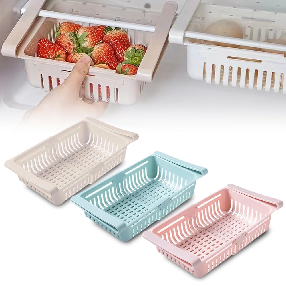 HCPBRS Refrigerator Storage Basket, Fridge Organizer Retractable Fridge Basket Refrigerator Organizers and Storage, Expandable Fridge Container Hanging Fruit Basket for Fridge (3 Color)