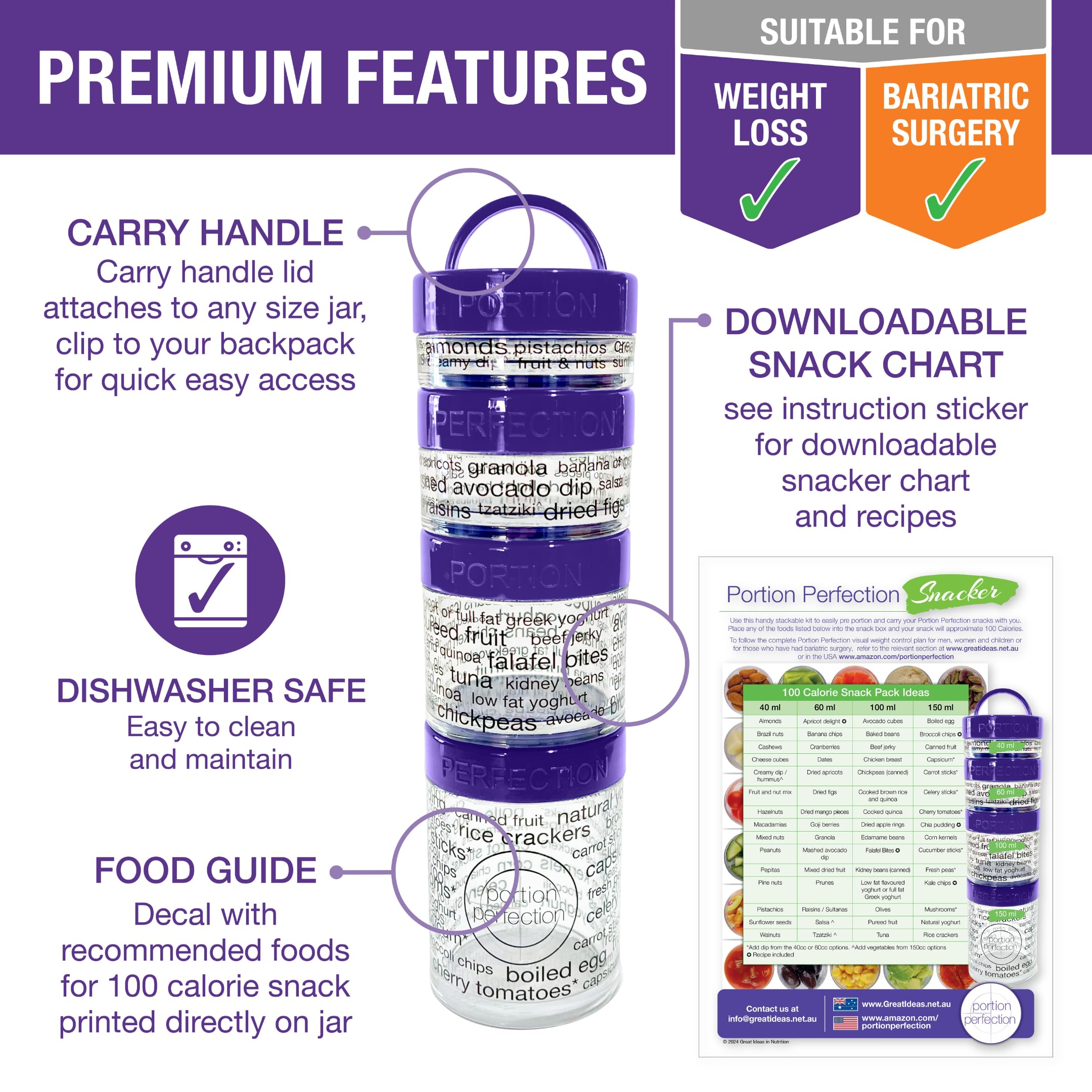 100 Cal Stackable Snack Containers for Weight Management, Food Portion Control Containers for Weight Control with Instructions for Men, Women and Bariatric Must-Haves (Purple)
