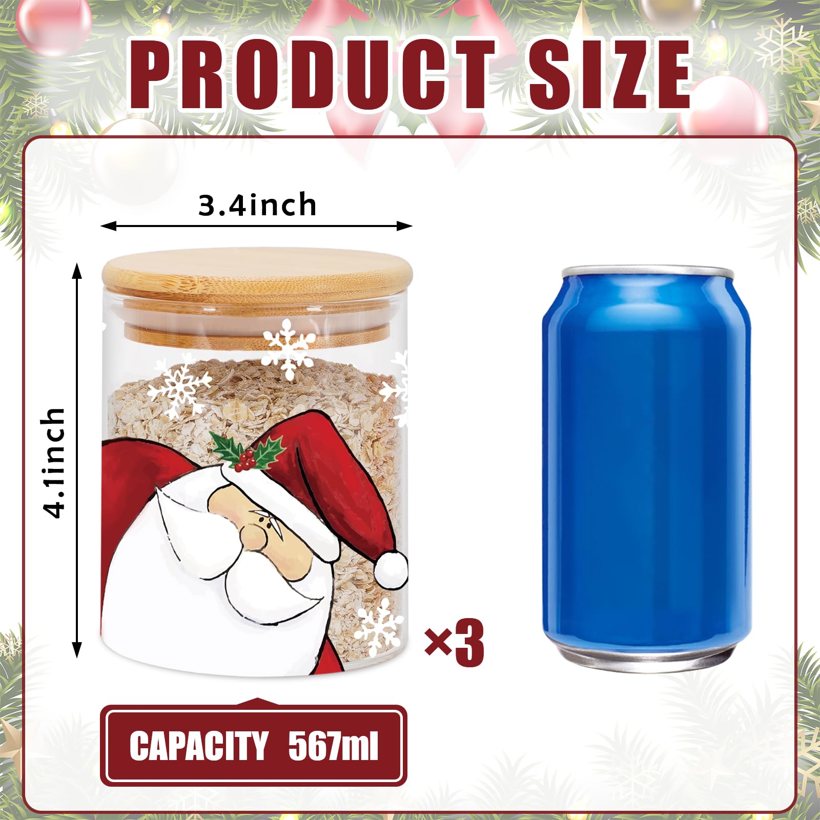 JarThenaAMCS 3Pcs Christmas Glass Storage Jars with Airtight Lid Santa Snowman Reindeer Decorative Canisters Sets for Winter Xmas Home Kitchen Countertop