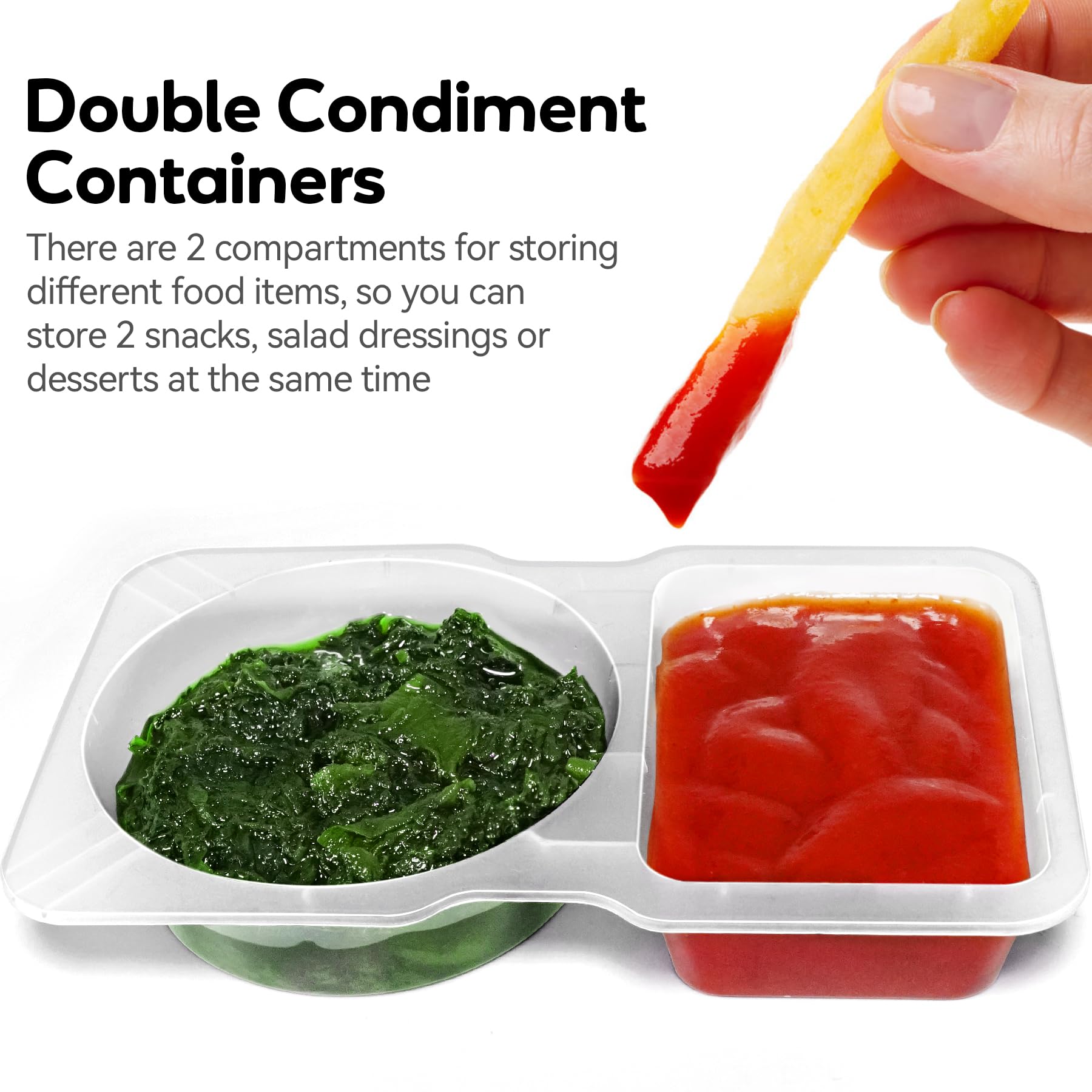 Nufiwra 8Pcs Double Compartment Condiment Containers with Lids, Reusable Plastic Snack Containers for To-Go Sauces, Sampling, Travel Snacks, Disposable 2-Compartment Snack Cups