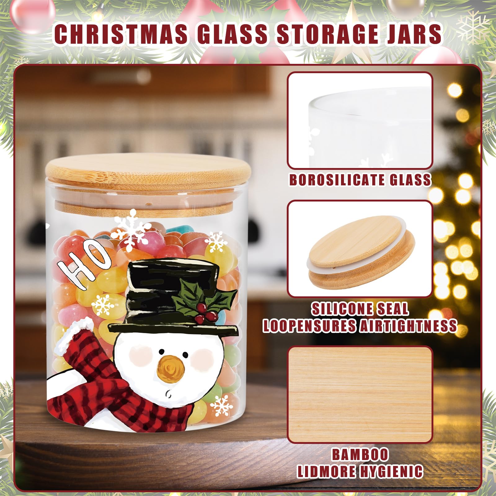 JarThenaAMCS 3Pcs Christmas Glass Storage Jars with Airtight Lid Santa Snowman Reindeer Decorative Canisters Sets for Winter Xmas Home Kitchen Countertop