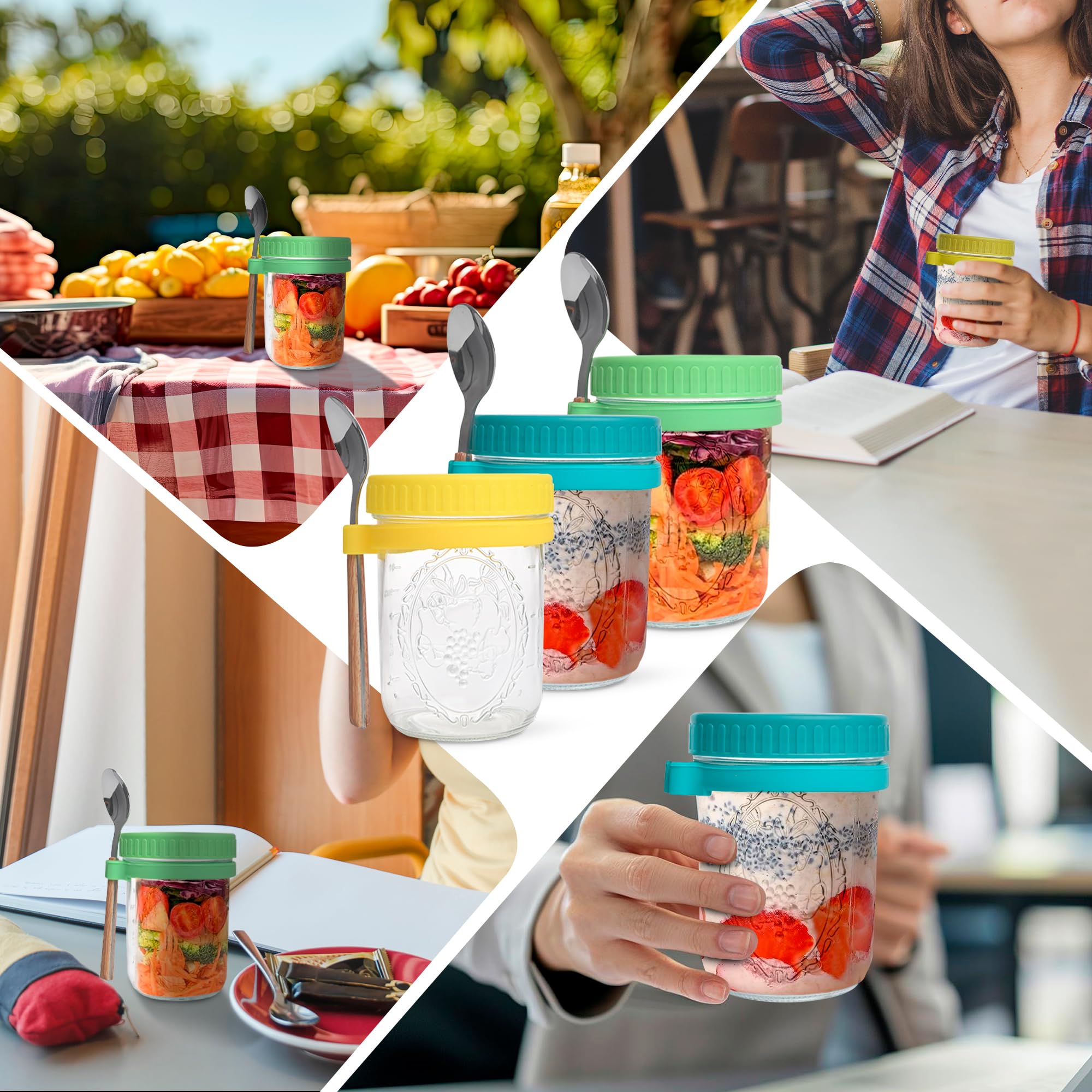 Syne Trend Gift Set Overnight Oats Containers with Lids, 16oz Overnight Oats Jars, 3 Pack Oatmeal Containers with Lids (Green + Turquoise + Yellow)