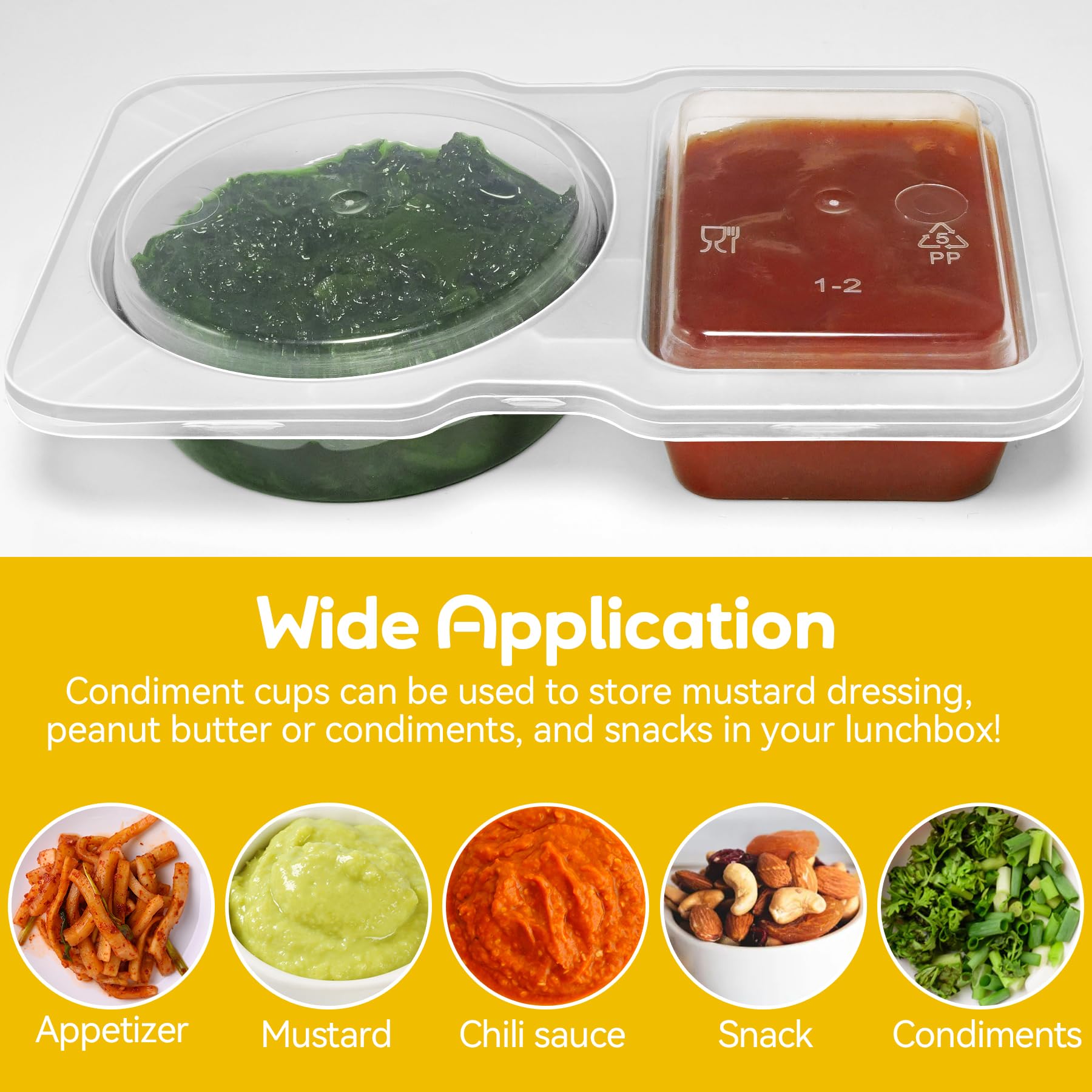 Nufiwra 8Pcs Double Compartment Condiment Containers with Lids, Reusable Plastic Snack Containers for To-Go Sauces, Sampling, Travel Snacks, Disposable 2-Compartment Snack Cups