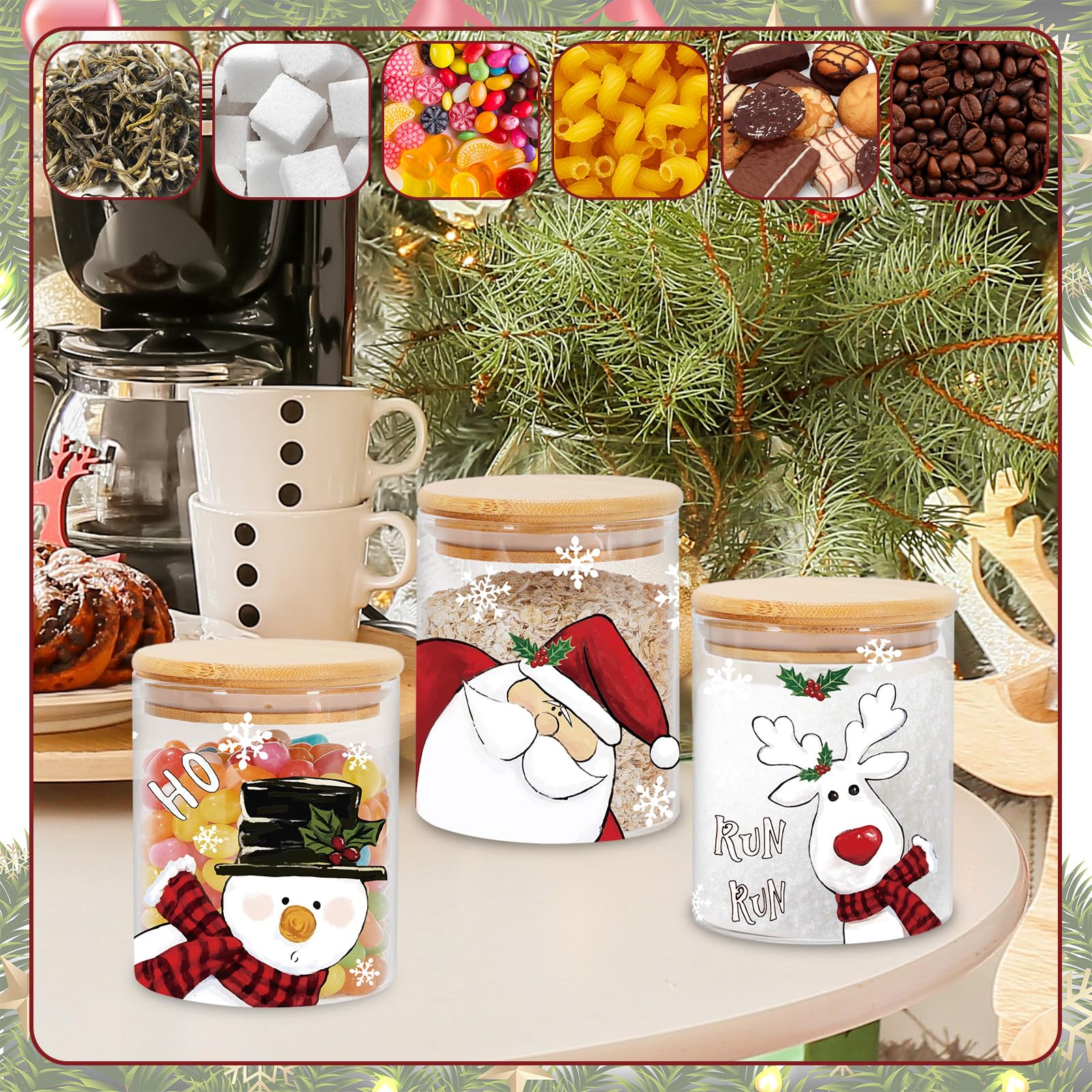 JarThenaAMCS 3Pcs Christmas Glass Storage Jars with Airtight Lid Santa Snowman Reindeer Decorative Canisters Sets for Winter Xmas Home Kitchen Countertop