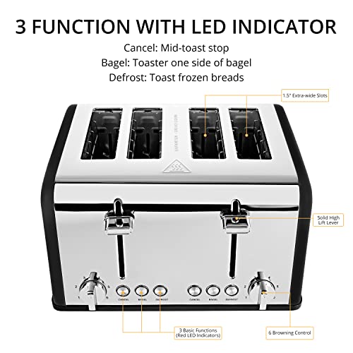 Gohyo 4 Slice Toaster 100% Stainless Steel with Wide Slots & Removable Crumb Tray for Bread & Bagels(4 Slice,Black)