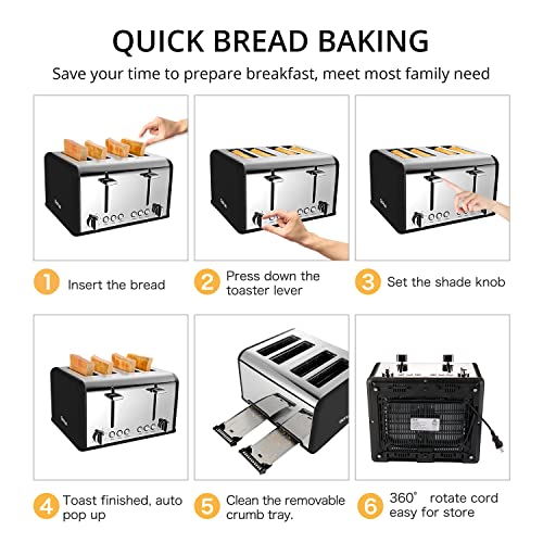 Gohyo 4 Slice Toaster 100% Stainless Steel with Wide Slots & Removable Crumb Tray for Bread & Bagels(4 Slice,Black)