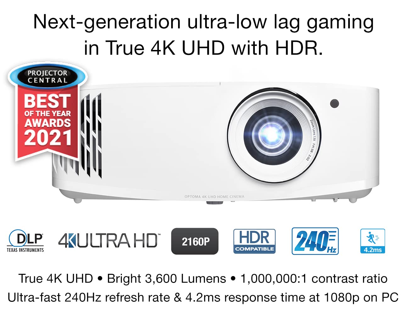 Optoma UHD35 True 4K UHD Gaming Projector | 3,600 Lumens | 4.2ms Response Time at 1080p with Enhanced Gaming Mode | 240Hz Refresh Rate | HDR10 & HLG