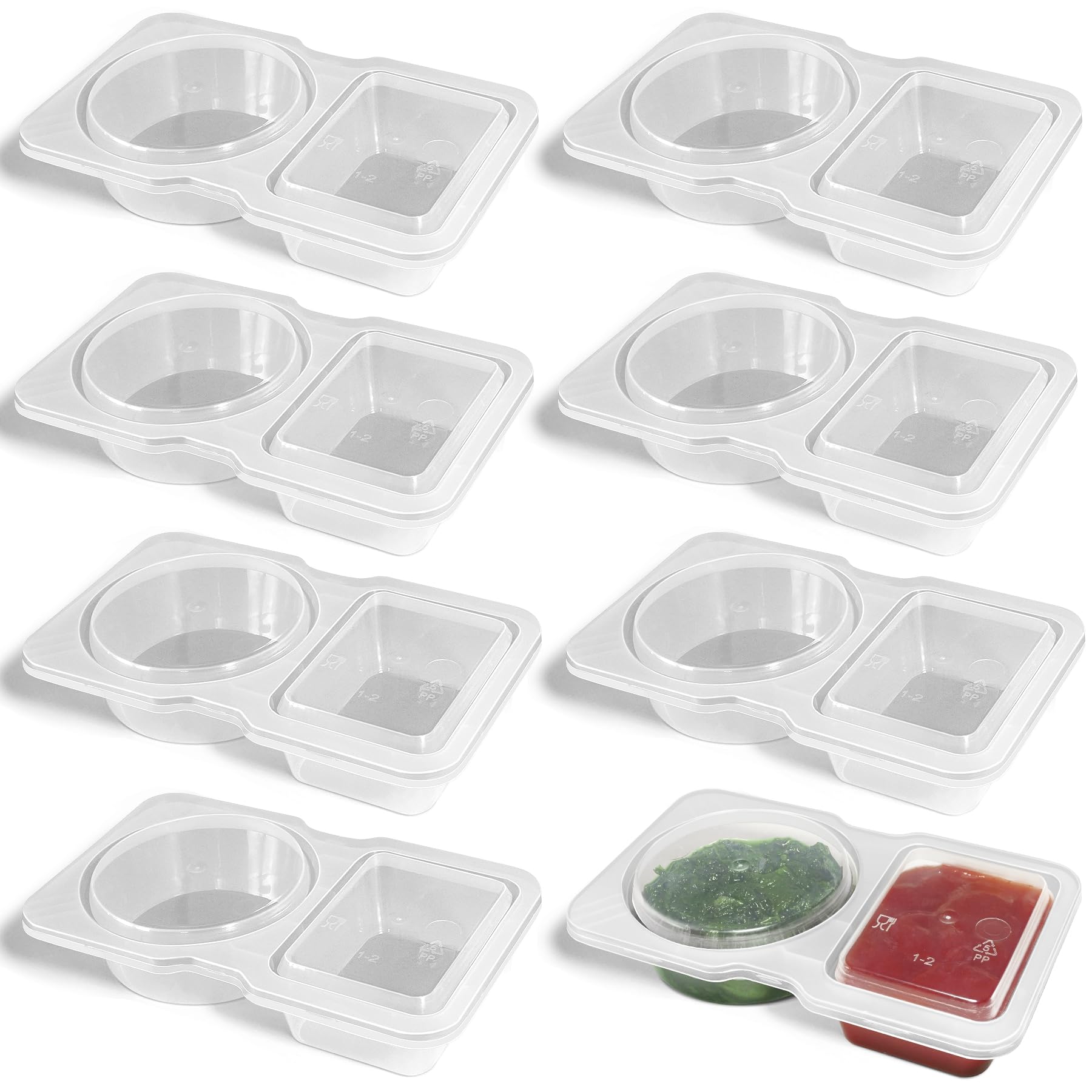 Nufiwra 8Pcs Double Compartment Condiment Containers with Lids, Reusable Plastic Snack Containers for To-Go Sauces, Sampling, Travel Snacks, Disposable 2-Compartment Snack Cups
