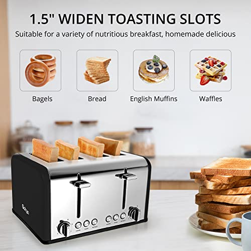 Gohyo 4 Slice Toaster 100% Stainless Steel with Wide Slots & Removable Crumb Tray for Bread & Bagels(4 Slice,Black)