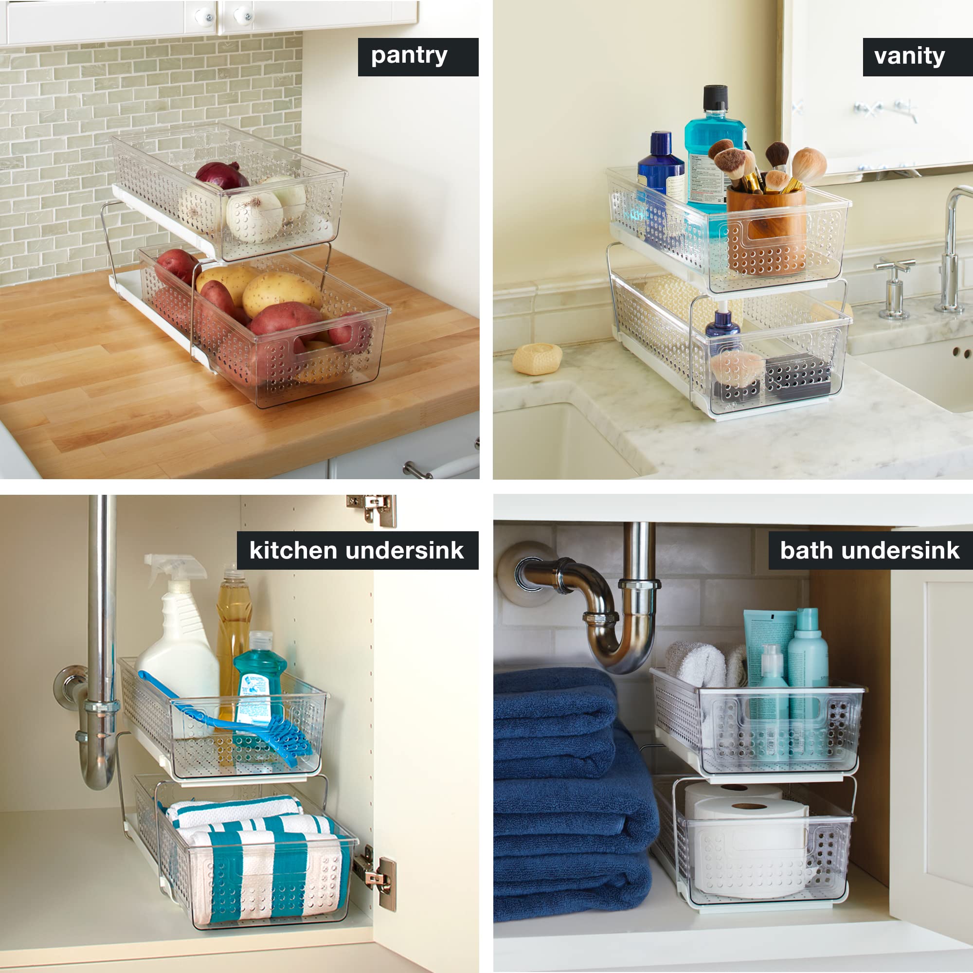madesmart 2-Tier Organizer Multi-Purpose Slide-Out Storage with Handles for Home and Bath, Pack of 4, Clear
