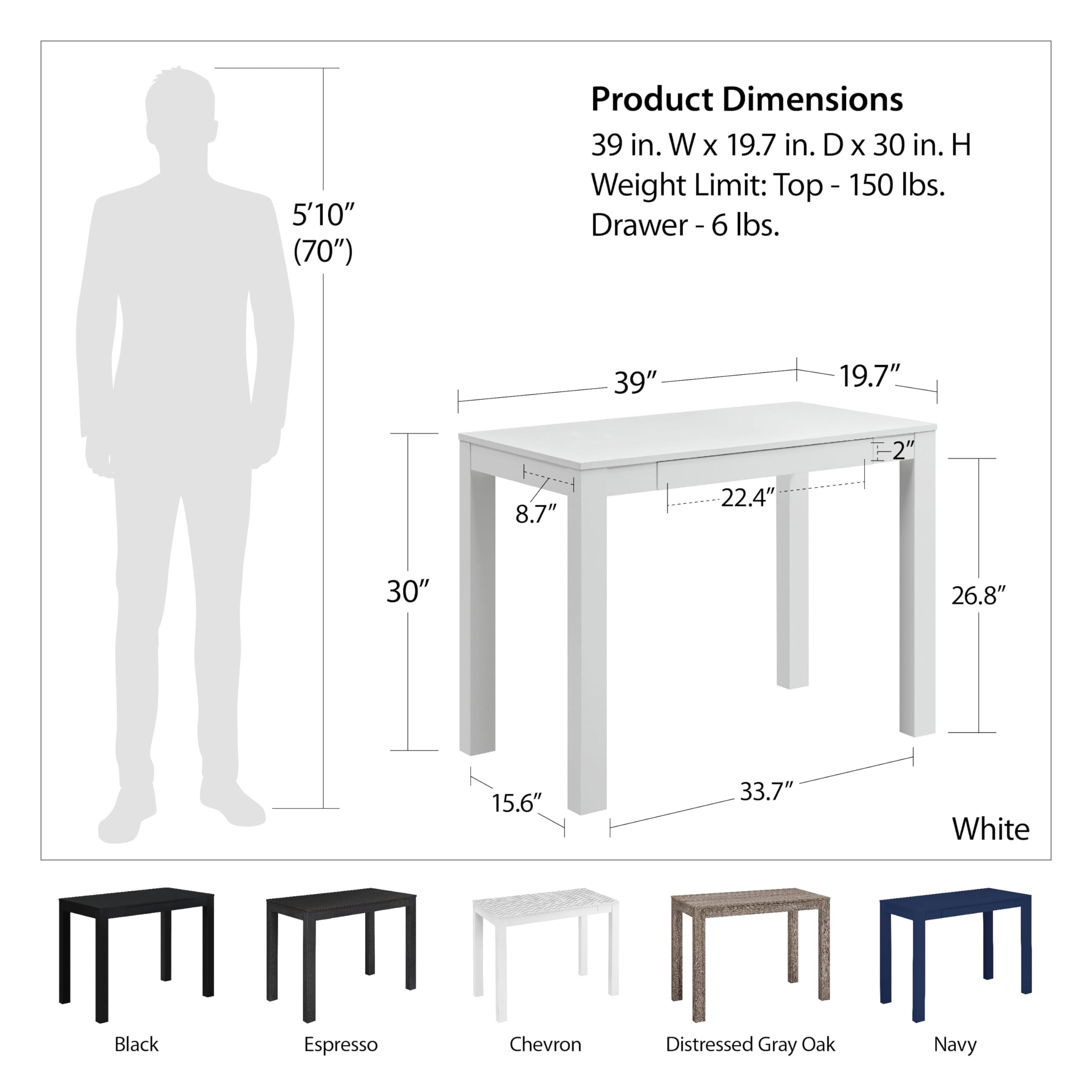 Ameriwood Home Parsons Desk with Drawer, White , 19.7D x 39W x 30H in