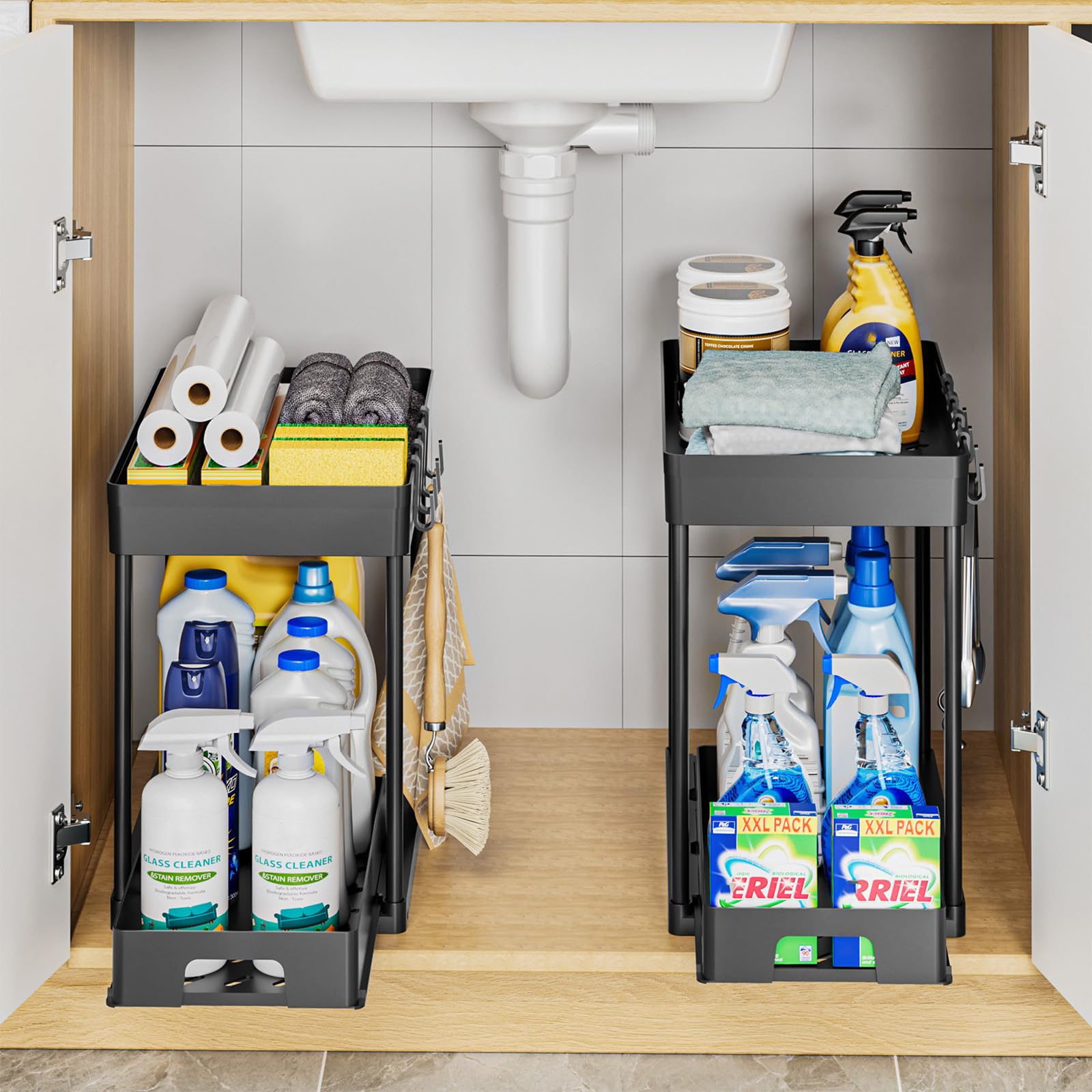 Delamu 2 Pack Under Sink Organizers and Storage, 2 Tier Pull Out Under Cabinet Organizer, Black Under Sink Storage for Bathroom Kitchen, Under Counter Storage organizer with 8 Hooks