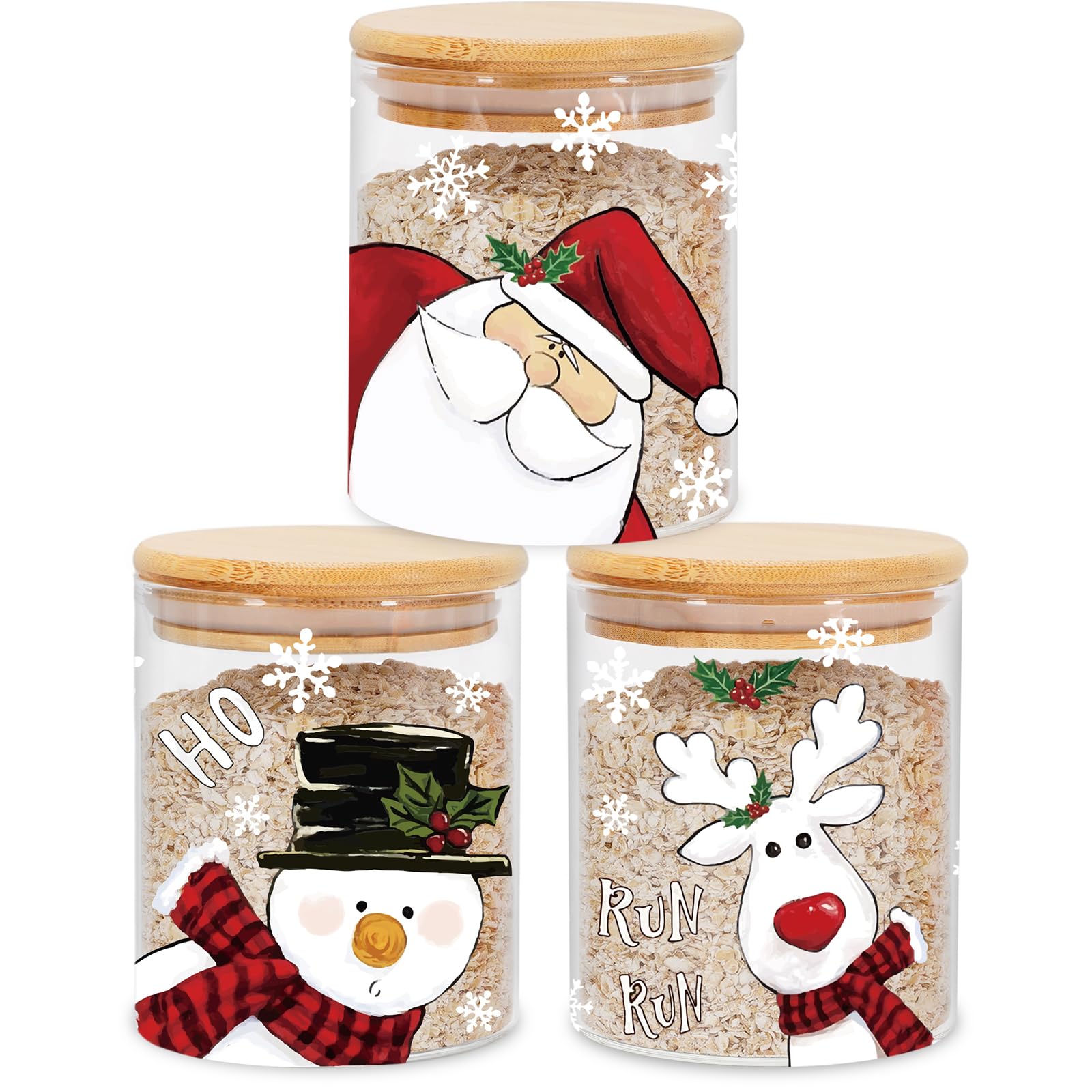 JarThenaAMCS 3Pcs Christmas Glass Storage Jars with Airtight Lid Santa Snowman Reindeer Decorative Canisters Sets for Winter Xmas Home Kitchen Countertop