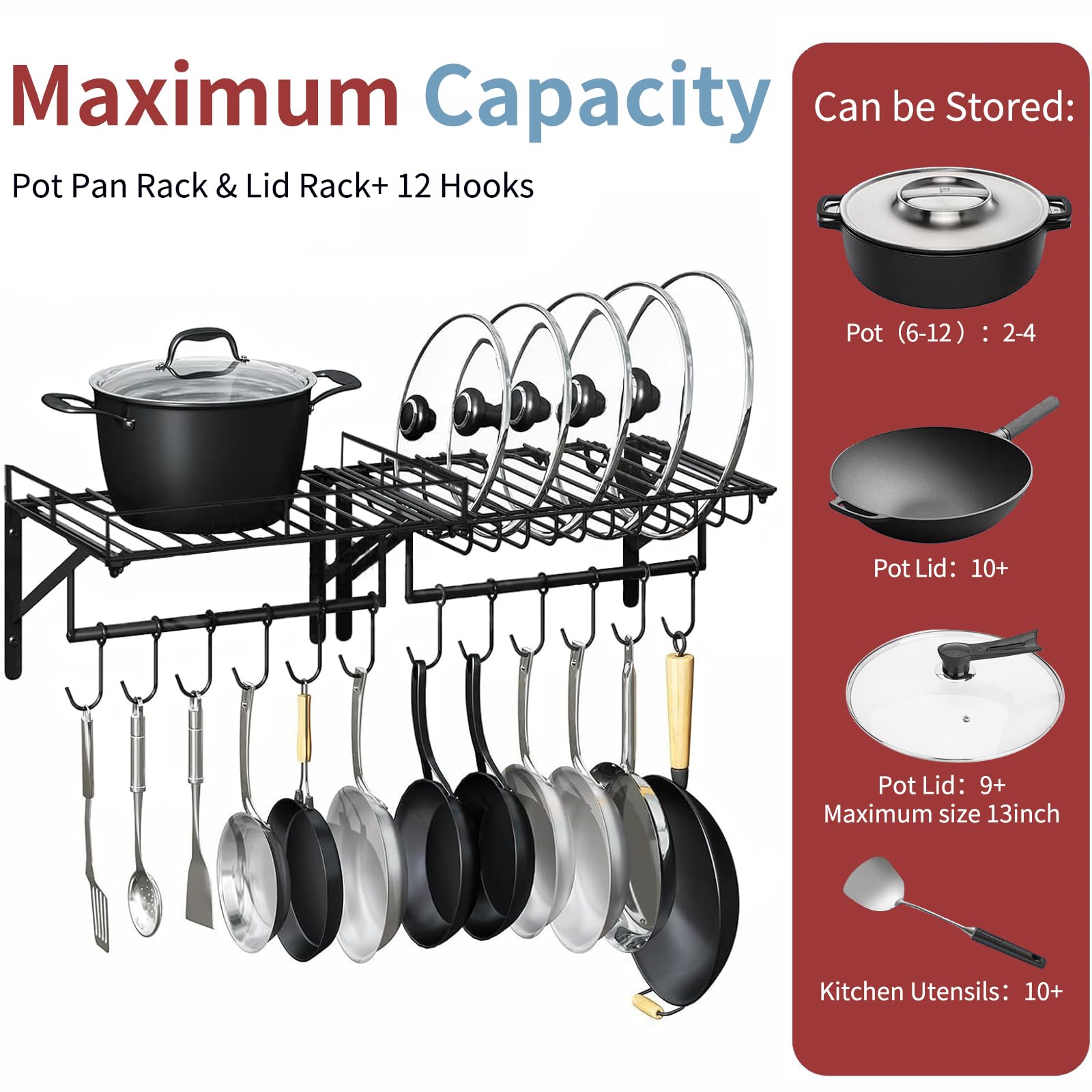 Clothink 2 Packs Wall Mounted Hanging Pots and Pans Organizer Rack with 12 Hooks,For Storage Pans,Pot Lids, Cooking Utensils, Plants and Toiletries in the Kitchen,Balcony or Bathroom