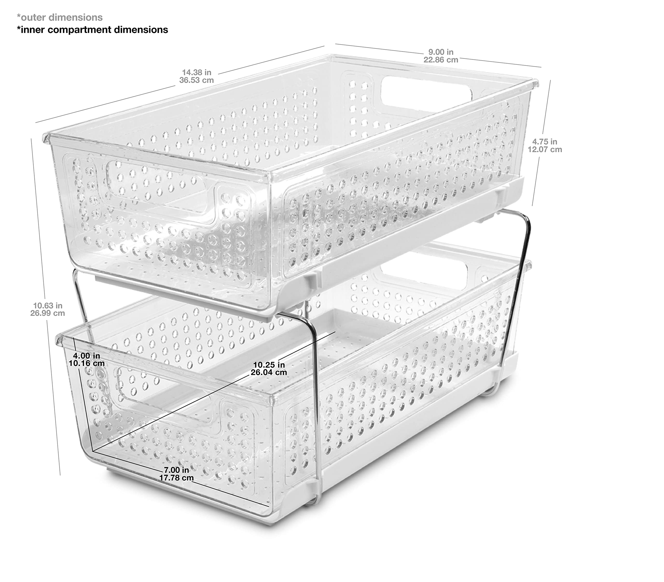 madesmart 2-Tier Organizer Multi-Purpose Slide-Out Storage with Handles for Home and Bath, Pack of 4, Clear