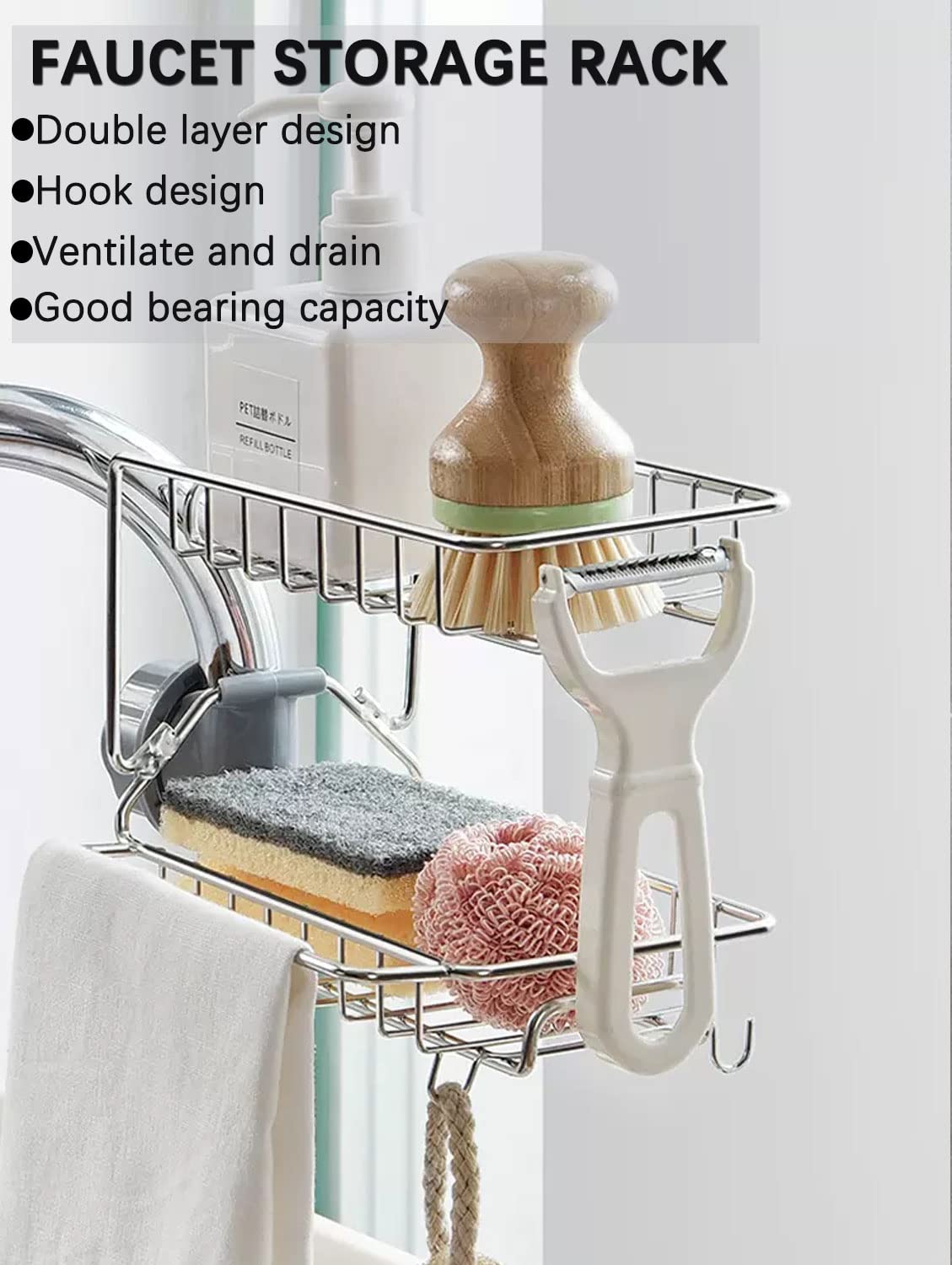 CSKB Sponge Holder for Kitchen Sink, Double-Layer Faucet Rack for Kitchen Sink, Multifunction Stainless Steel Faucet Rack, Soap Sponge Holder with Towel Rack for Kitchen Bathroom
