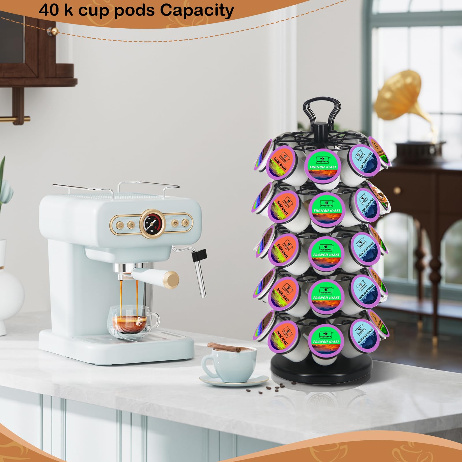 BLACKSMITH FAMILY K Cup Holders,K Cup Holder, K Cups Holder,K Cup Carousel, Coffee Pods Holder Storage Organizer Stand with KD Design (Glossy Black, 40 Pods Capacity)
