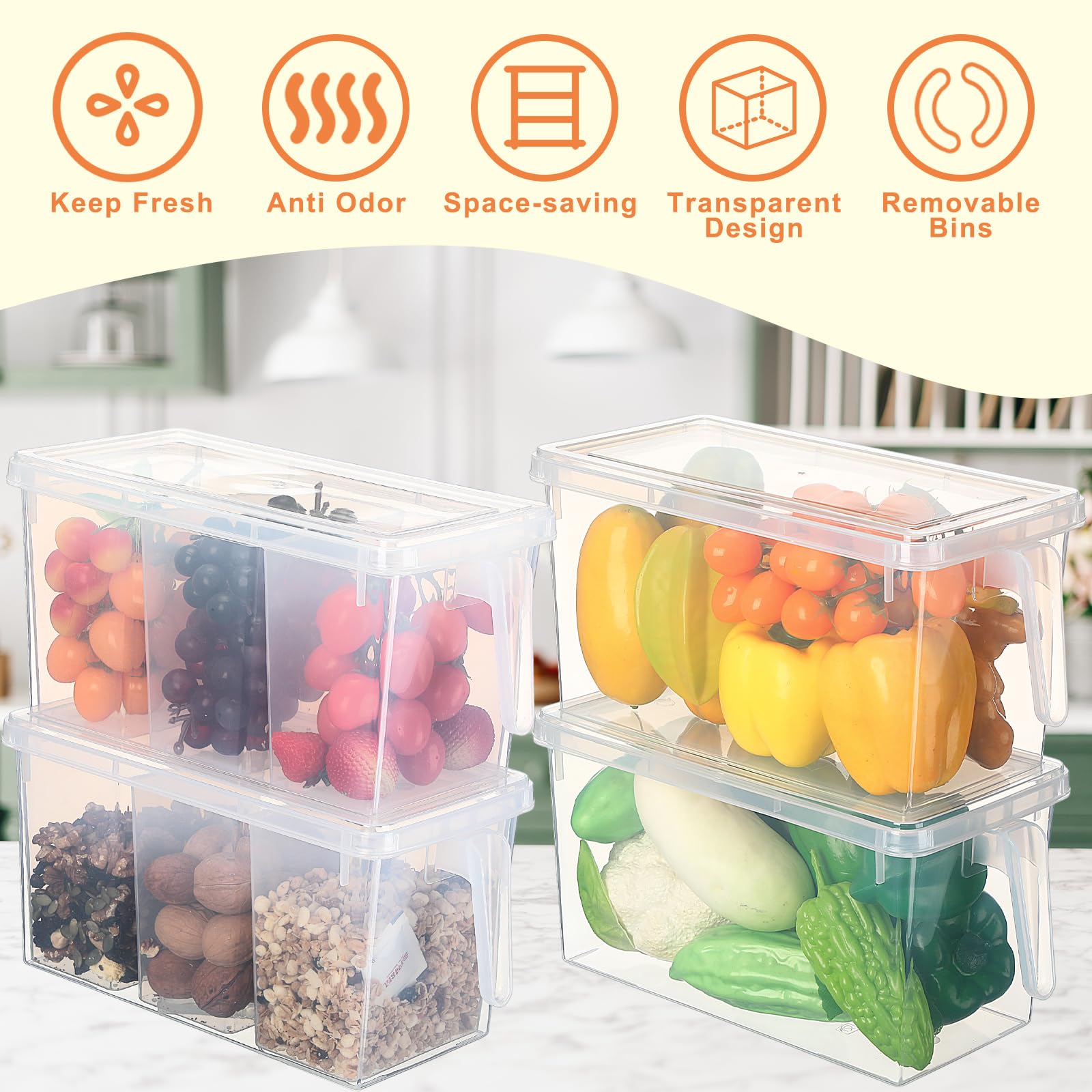 Quzzil 4 Pcs Fridge Organizer Refrigerator Organizer Bins with Lids and Handle Clear Fruit Storage Containers for Fridge Vegetable, Egg, Meat (Divided and Normal Style)