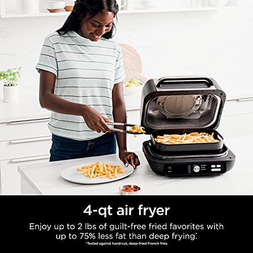 Ninja IG601 Foodi XL 7-in-1 Indoor Grill Combo, use Opened or Closed, Air Fry, Dehydrate & More, Pro Power Grate, Flat Top Griddle, Crisper, Black, 4 Quarts