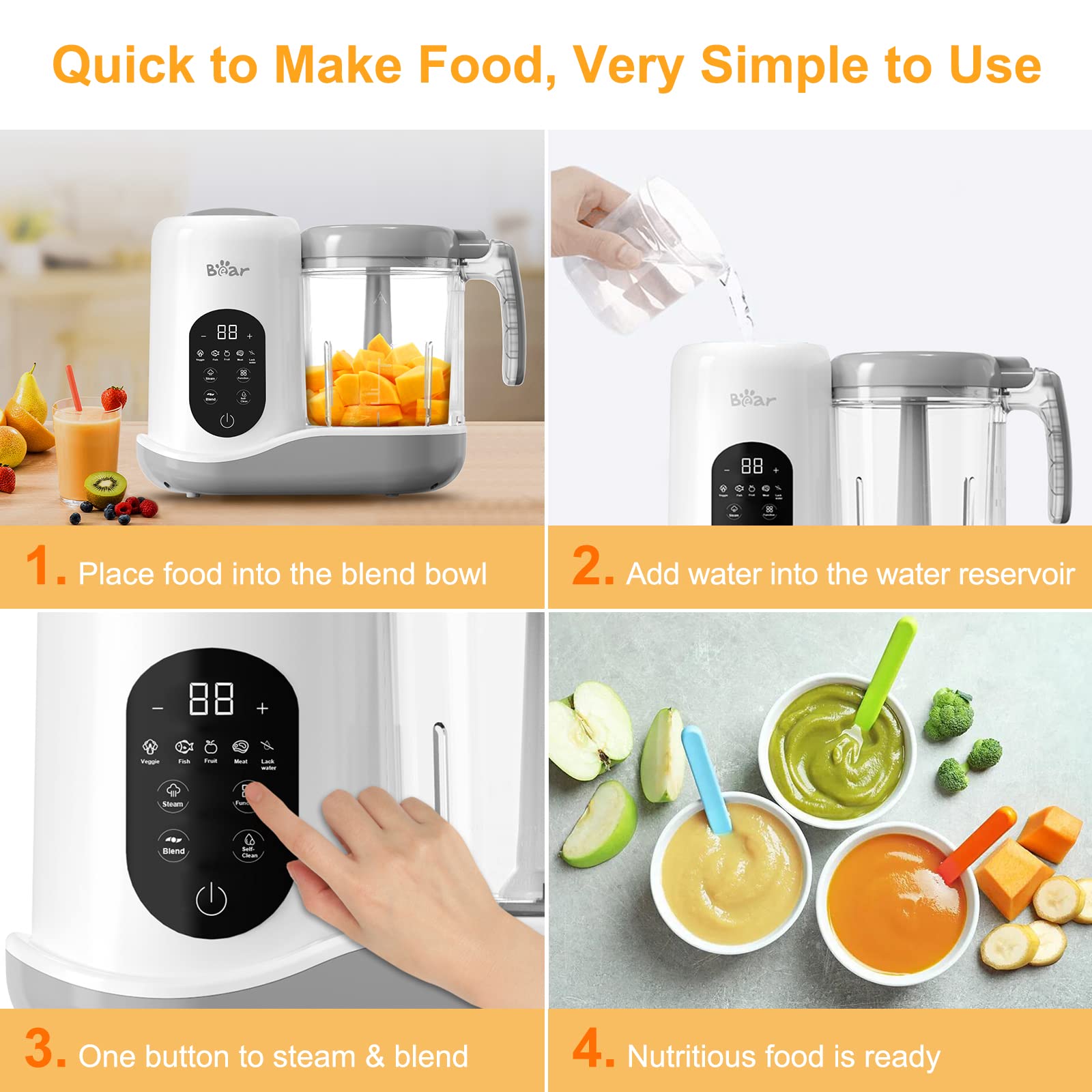 BEAR Baby Food Maker & Baby Fruit Food Feeder & Mini Freezer Nibble Tray & Baby Food Pouches Combo