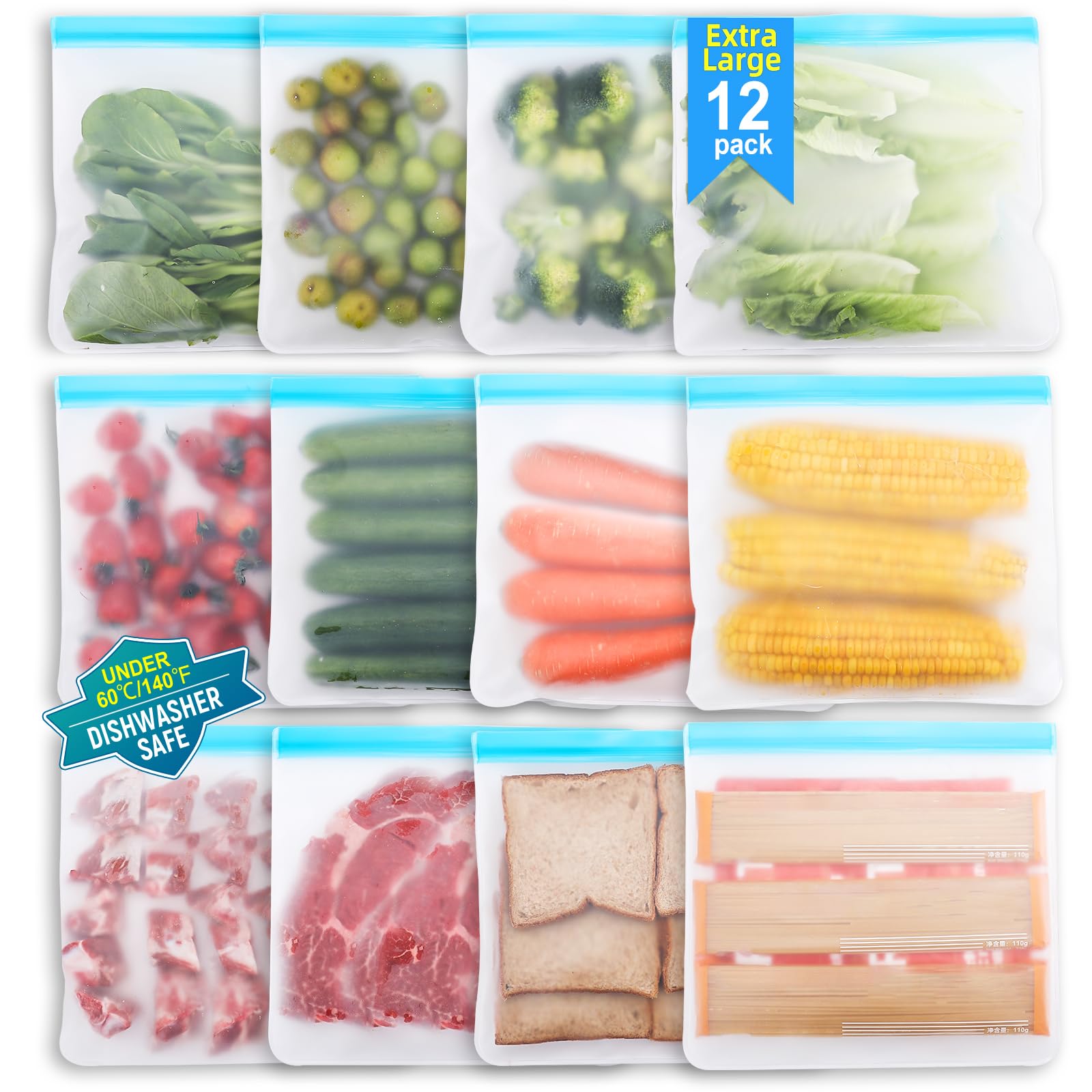 12 Pack -11"x10'' Reusable Gallon Bags BPA Free Freezer Bags, Leakproof Safe Food Storage Bags for Veggies,Marinate Meats,Snacks,Sandwiches from Kitchen to Travel and Home Organization