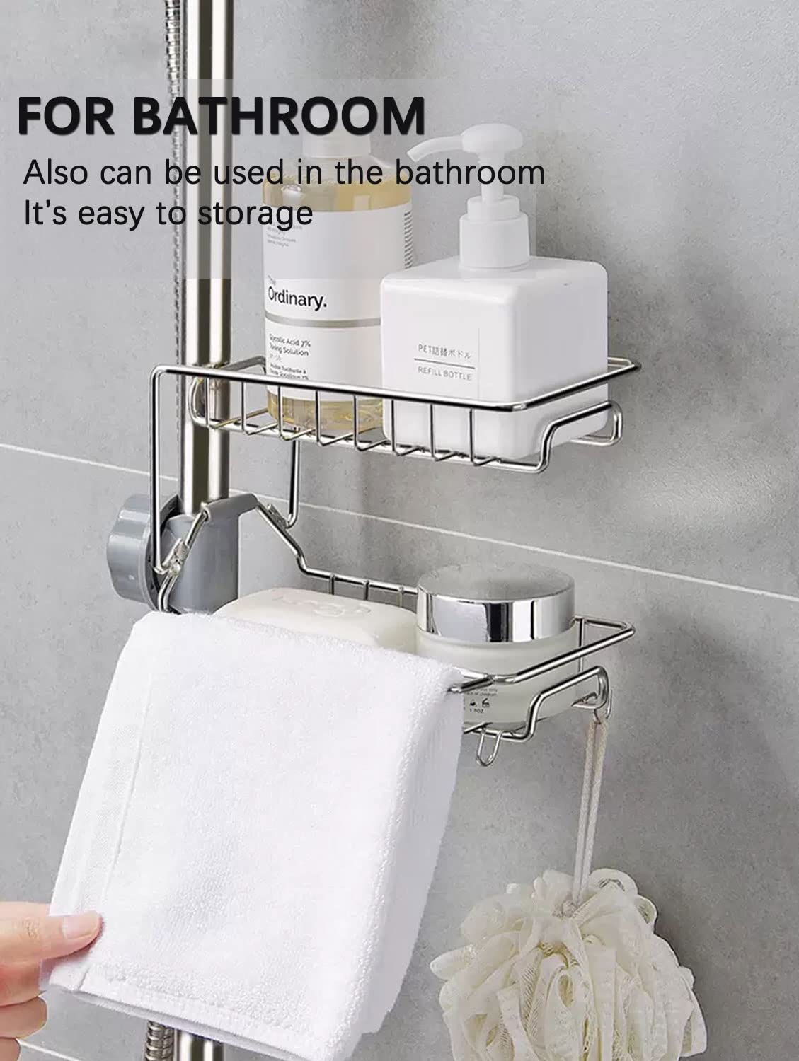 CSKB Sponge Holder for Kitchen Sink, Double-Layer Faucet Rack for Kitchen Sink, Multifunction Stainless Steel Faucet Rack, Soap Sponge Holder with Towel Rack for Kitchen Bathroom