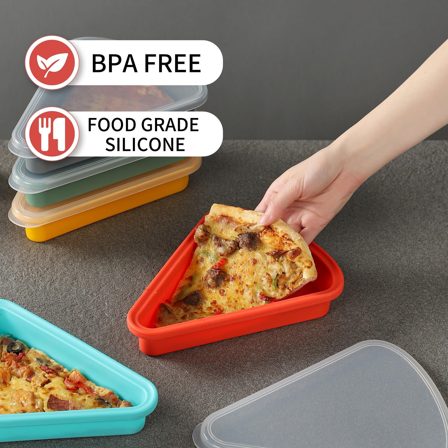 KEVJES 5-Pack Multicolor Reusable Silicone Leftover Pizza Slice Storage Container with Air-tight Lids-BPA Free,Fits Single Slice up to 16β,Save Space,Refrigerator organizer.