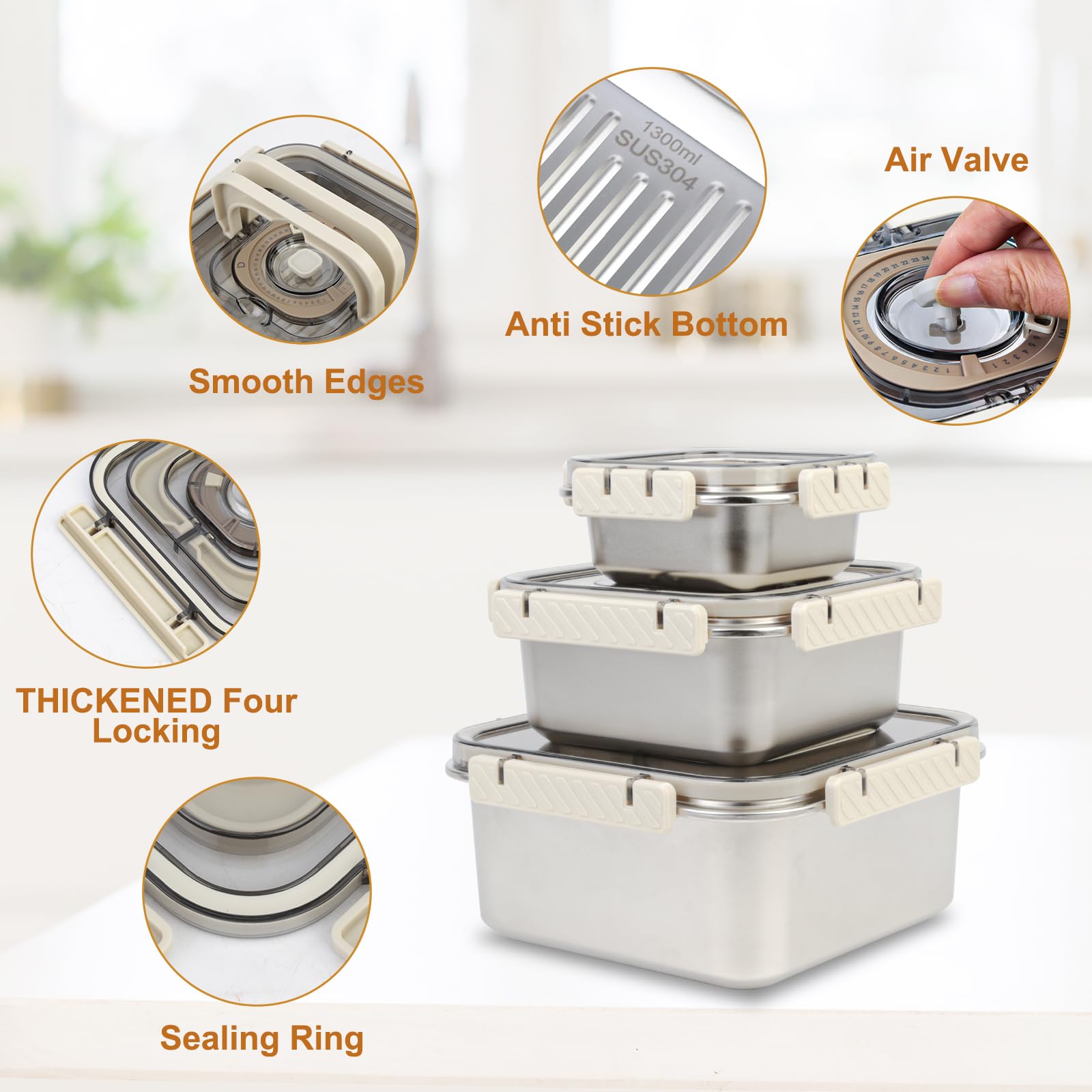 LANGMINGDE Stainless Steel Food Container with Lid, Meal Prep Container Lunch Box with Handle Date Tracker for Travel, Party, Leftovers, Dishwasher Safe Oven/Freezer Safe Except Lid, 44oz/1300ml