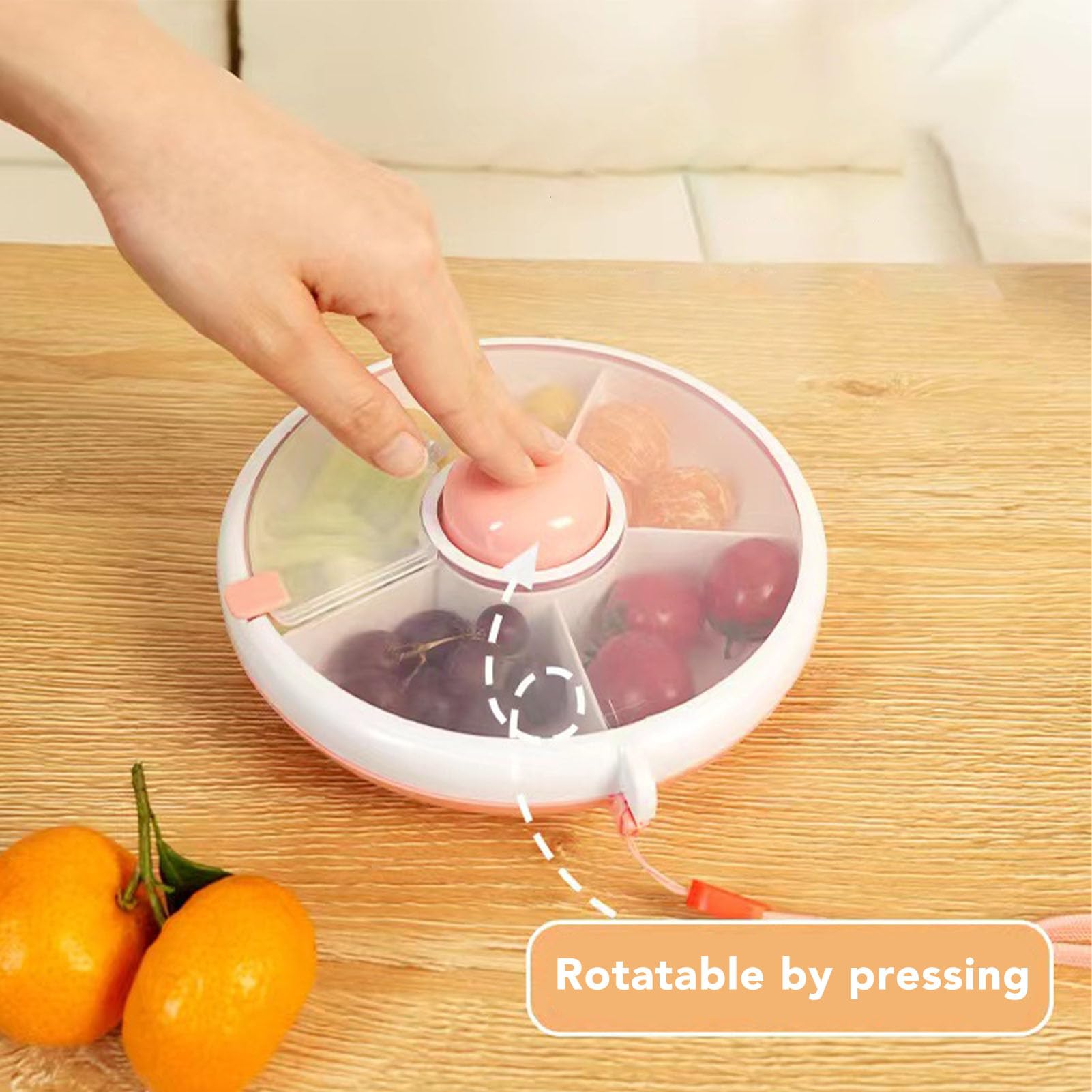 Snack Rotating Divider, Pinkish Fruit Spinner Organizer with Lid, Portable Livmo Snack Tray for Home Office Kids Lunch
