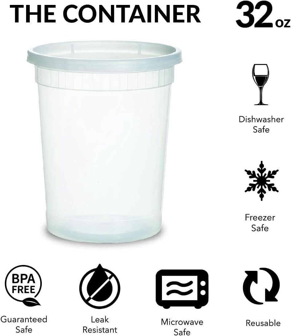 THE CONTAINER 32oz deli containers with lids | 24 Large 1 Quart Leakproof Clear Plastic Storage Containers with Lids | Microwavable, Freezer