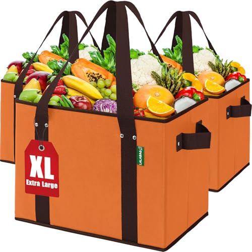 LALABAG Reusable Grocery Bag (Pack of 3) - Heavy Duty Box with High Load Carrier, Foldable, Perfect for Shopping, Gifting, Storage (Orange)