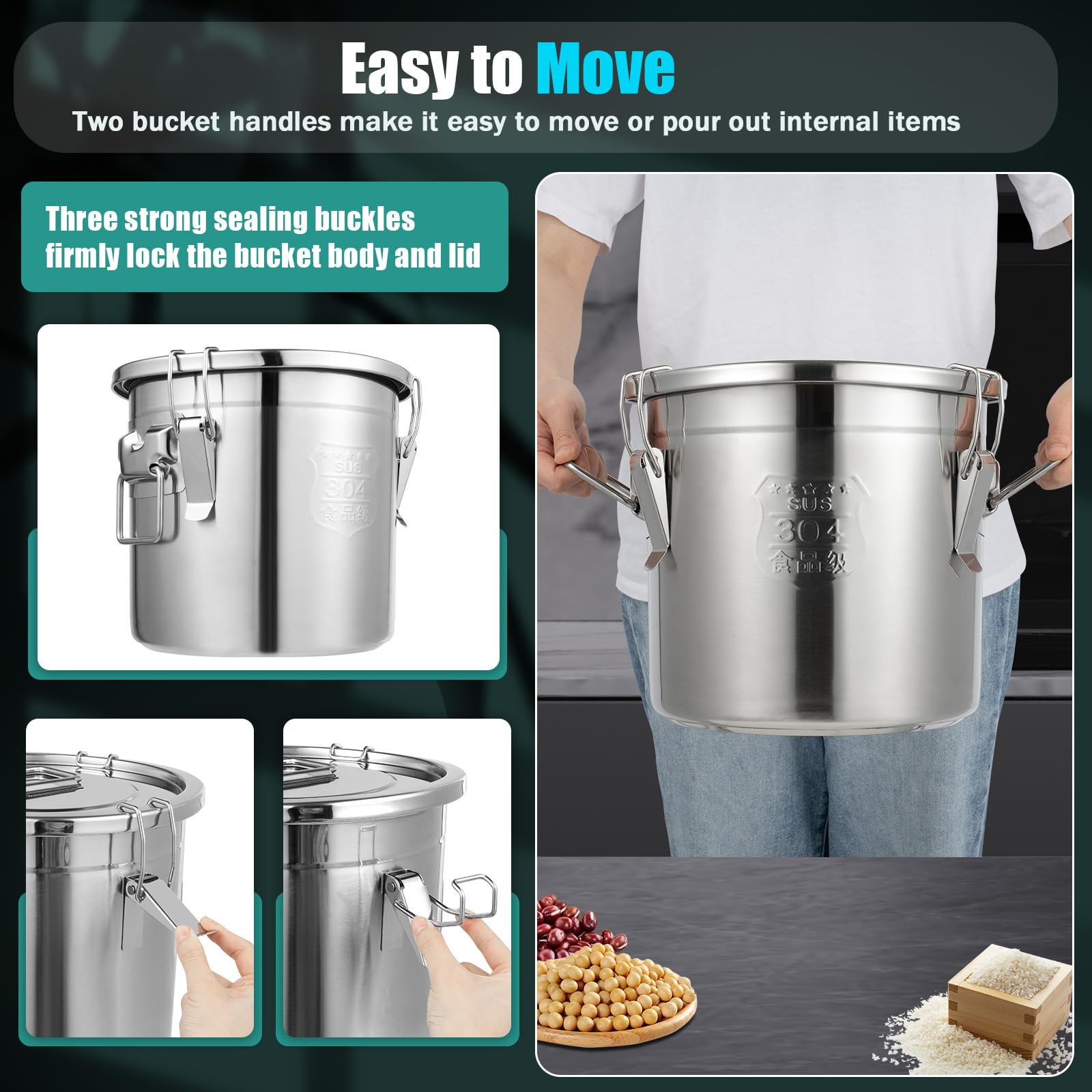 12L Stainless Steel Airtight Canister with Airtight lids & Locking Clamp, Kitchen Rice Storage Bucket, Rice Cereal Grain Canisters Container for Storing Dry/Wet Foods, Flour, Tea, Cereals, Rice