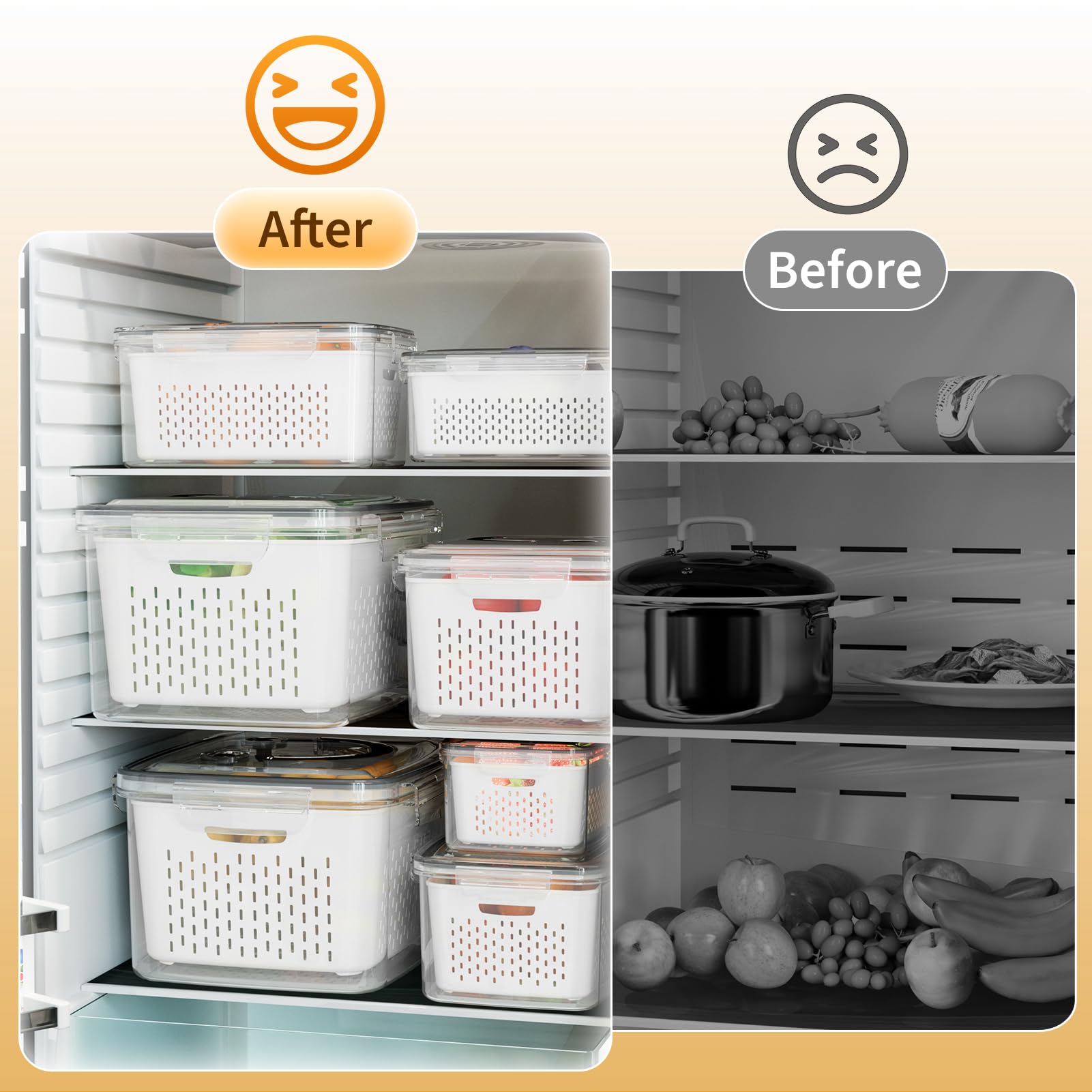Mowdug 4 Pack Fruit Storage Containers with Removable Colanders for Fridge, BPA-Free, Vegetable Saver Container with Lid, Colander, Vent and Handle, Keep Fruits, Vegetables, Berry, Meat Fresh longer