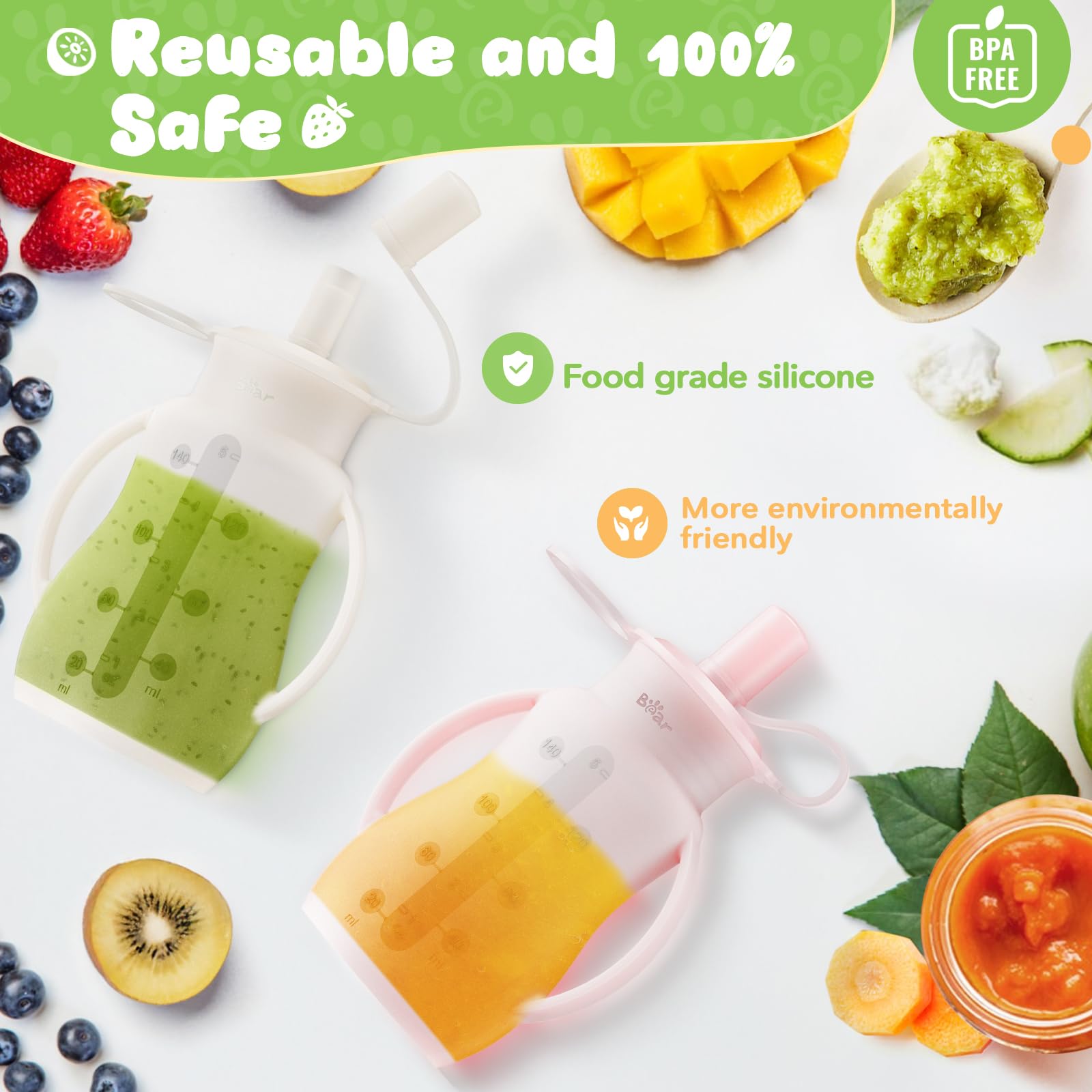 BEAR Baby Food Maker & Baby Fruit Food Feeder & Mini Freezer Nibble Tray & Baby Food Pouches Combo